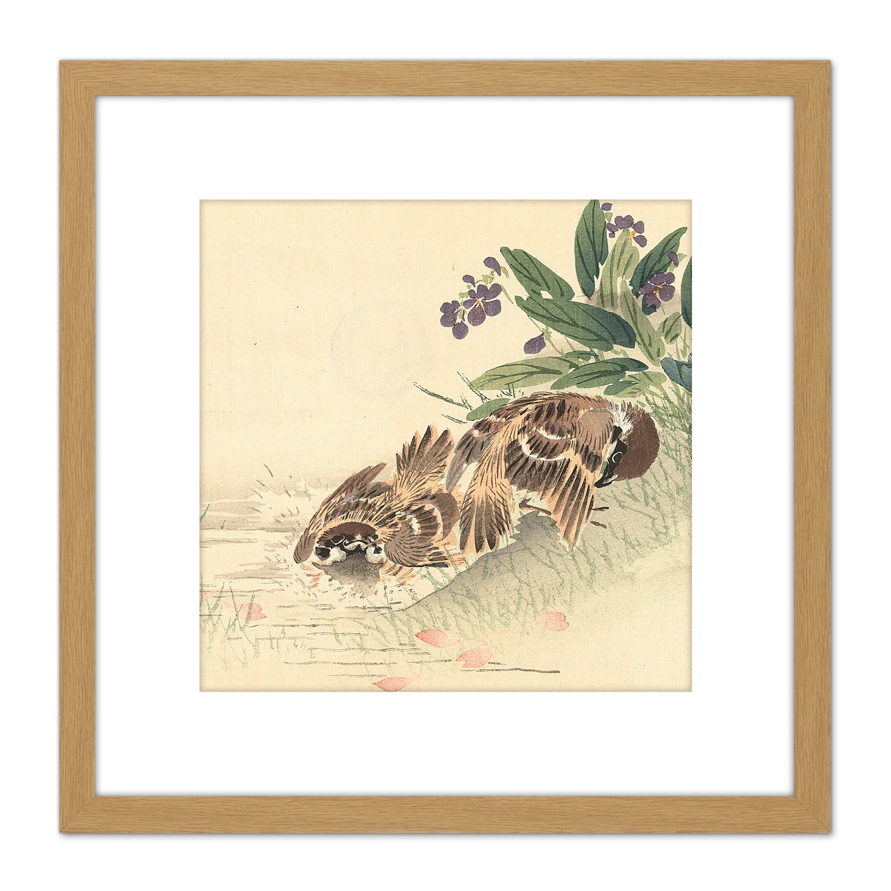 Kono Bairei Bathing Tree Sparrow Japanese Woodblock 8X8 Inch Square ...