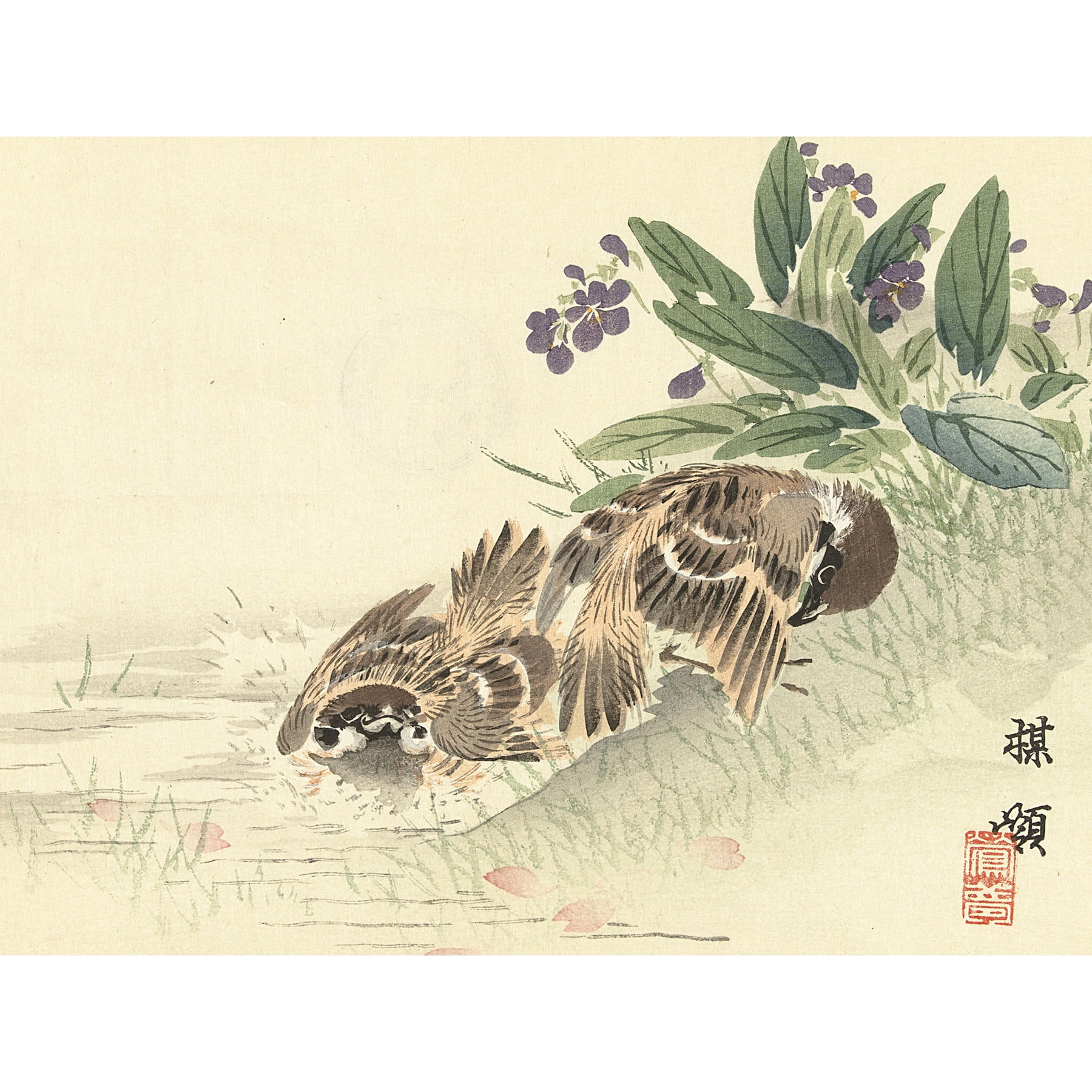 Kono Bairei Bathing Tree Sparrow Japanese Woodblock Extra Large XL Wall ...