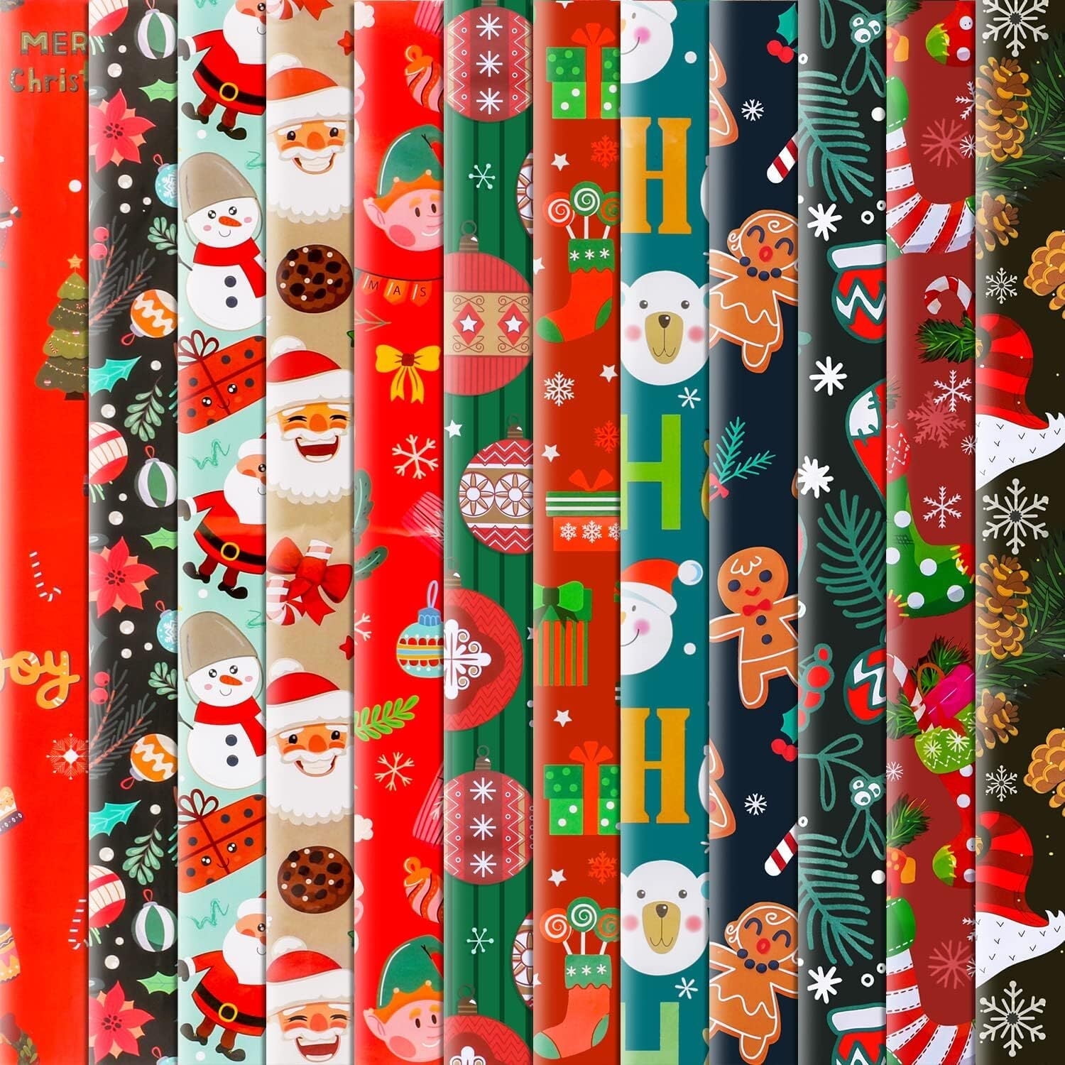 Konsait 12 Pack Christmas Wrapping Paper, Traditional Xmas Designs ...