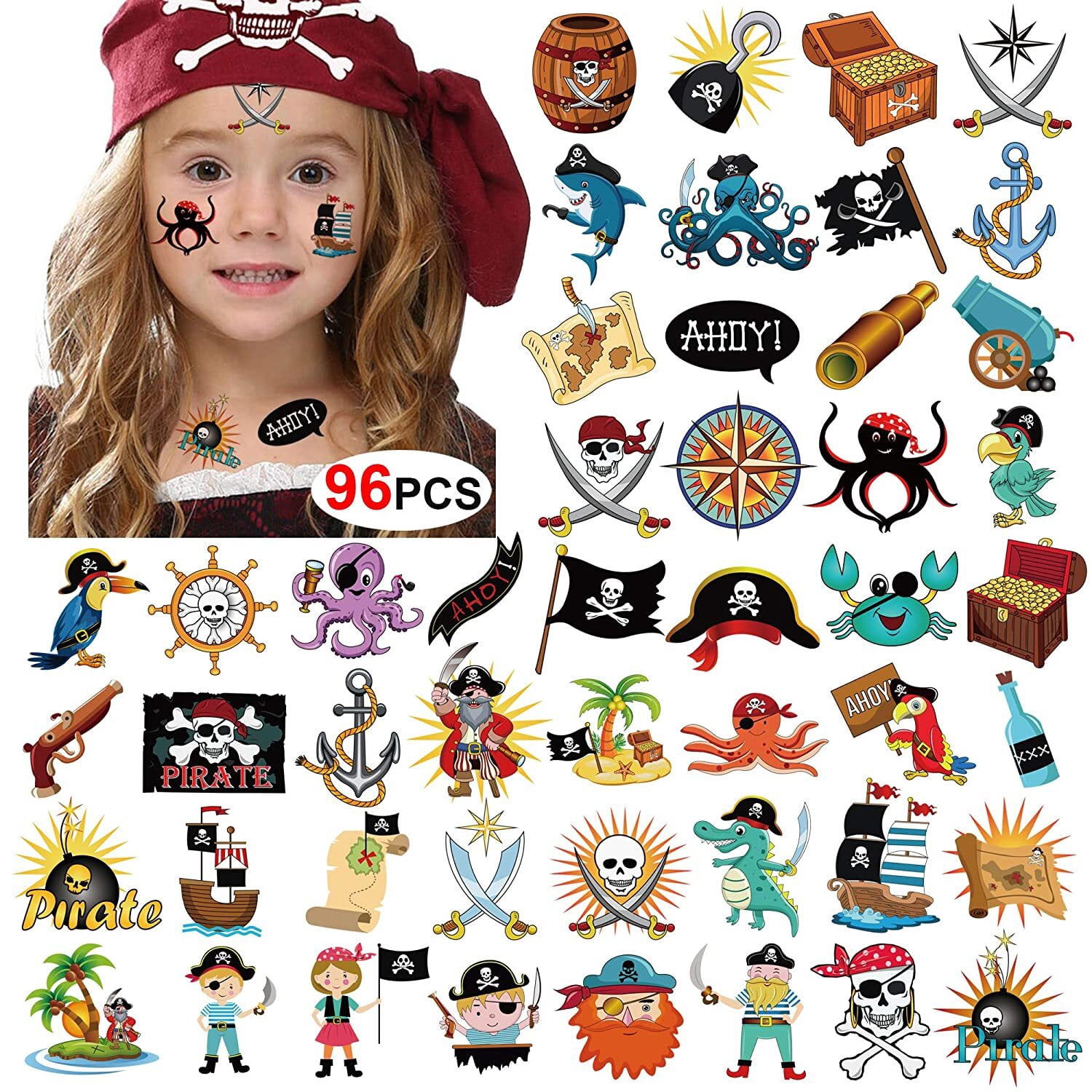 Konsait Pirate Tattoos, 96pcs Pirate Temporary Tattoo Fake Neverland ...