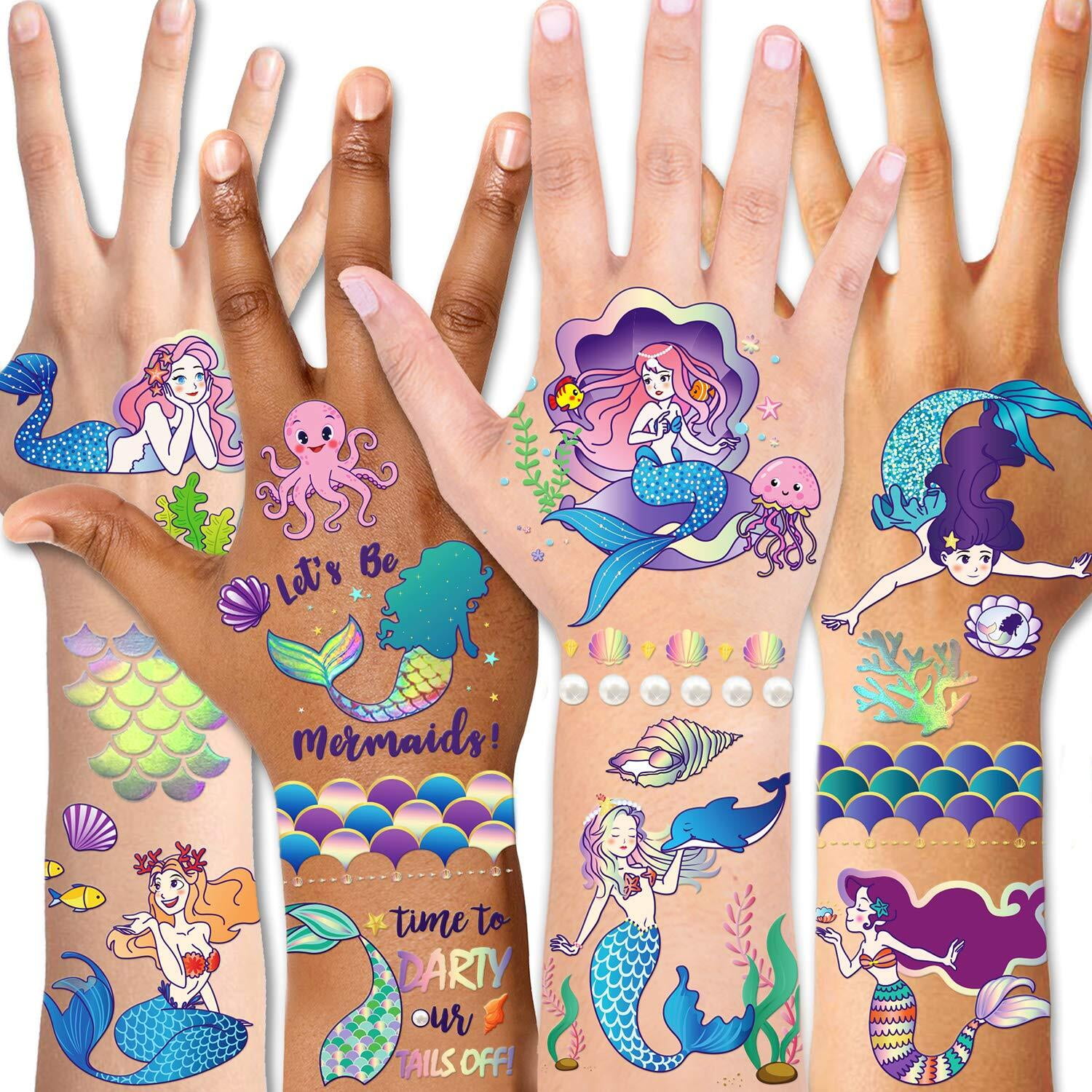 Konsait Temporary Tattoos for Kids, 98pcs Waterproof Glitter Mermaid ...