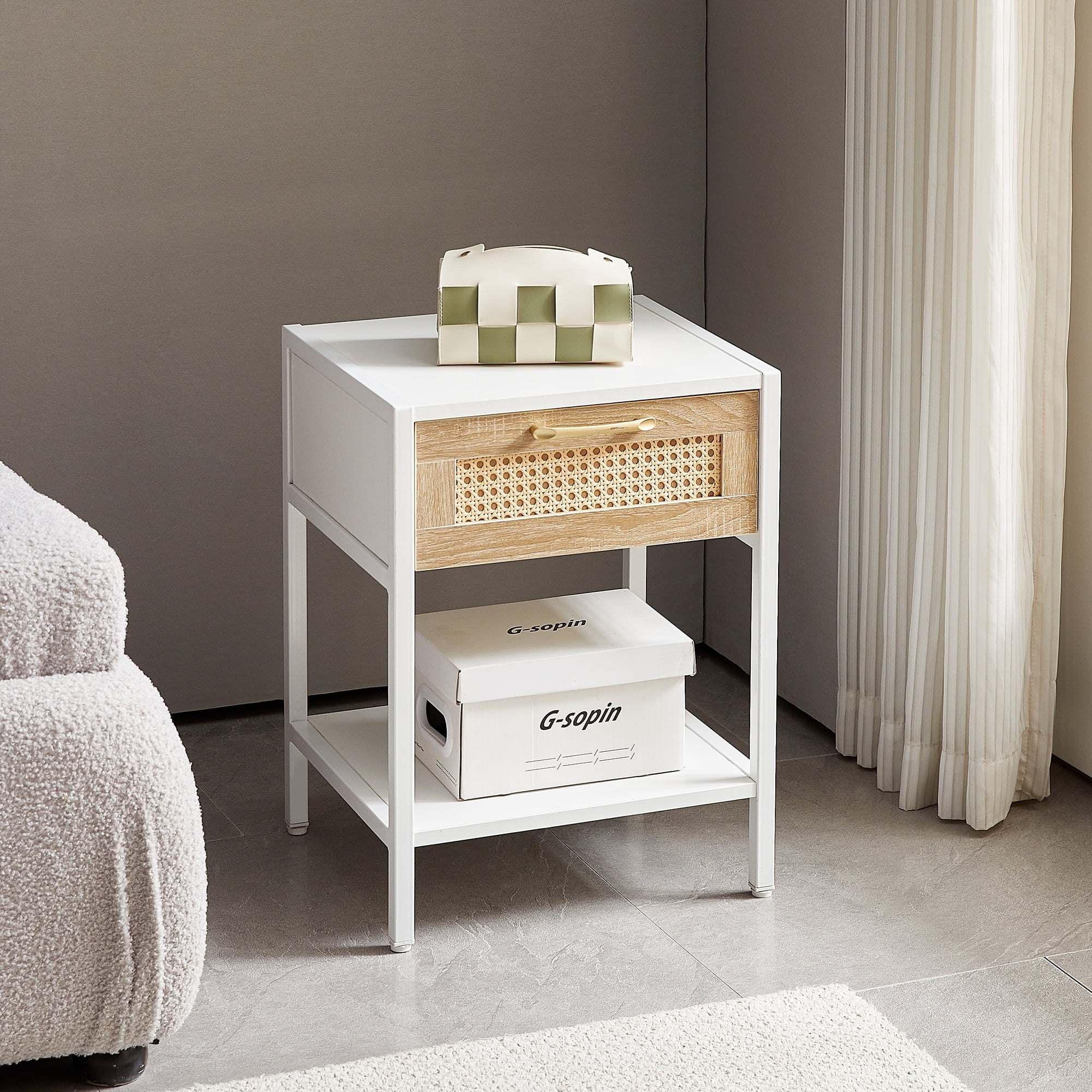 Koo Decor Natural Rattan 1-Drawer White/Brown Nightstand Bedroom Sofa Side Table Bedside ...