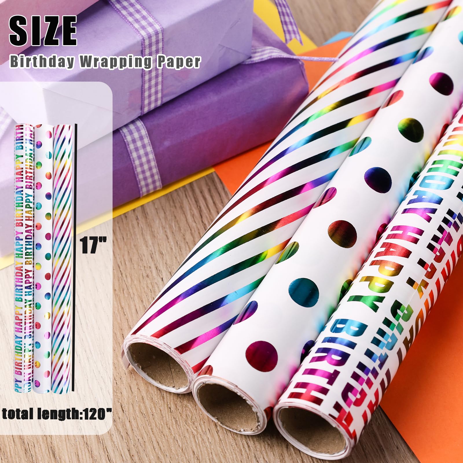 Koogel 3 Rolls AJH3 Birthday Wrapping Paper, 17 x 120 Inch（10 Ft Per ...