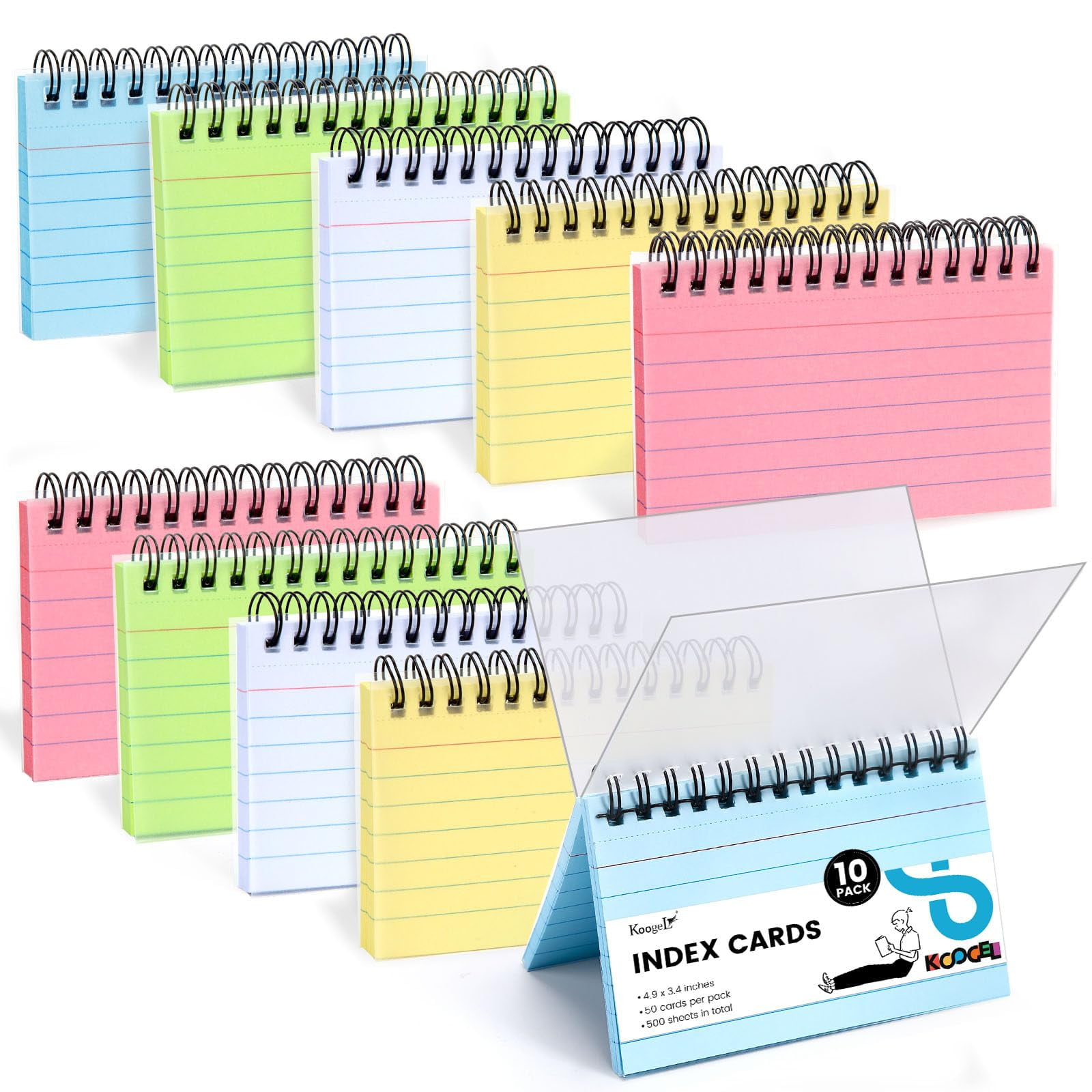 Koogel 500 pieces Index Cards, 10 Pads Ruled Notecards with Protective ...