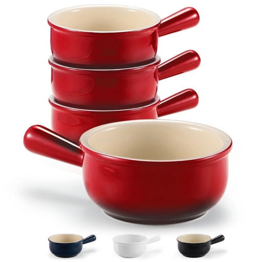 Kook Large Oven-Proof Ceramic Soup Crock Bowls with Handles, 4-Piece ...