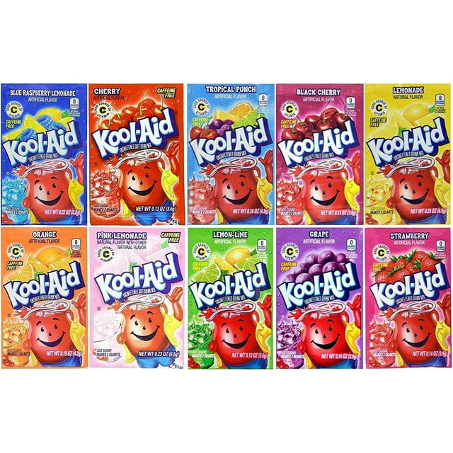 Kool-Aid Drink Mix, 10 Flavors Variety Pack with Grape, Lemonade ...