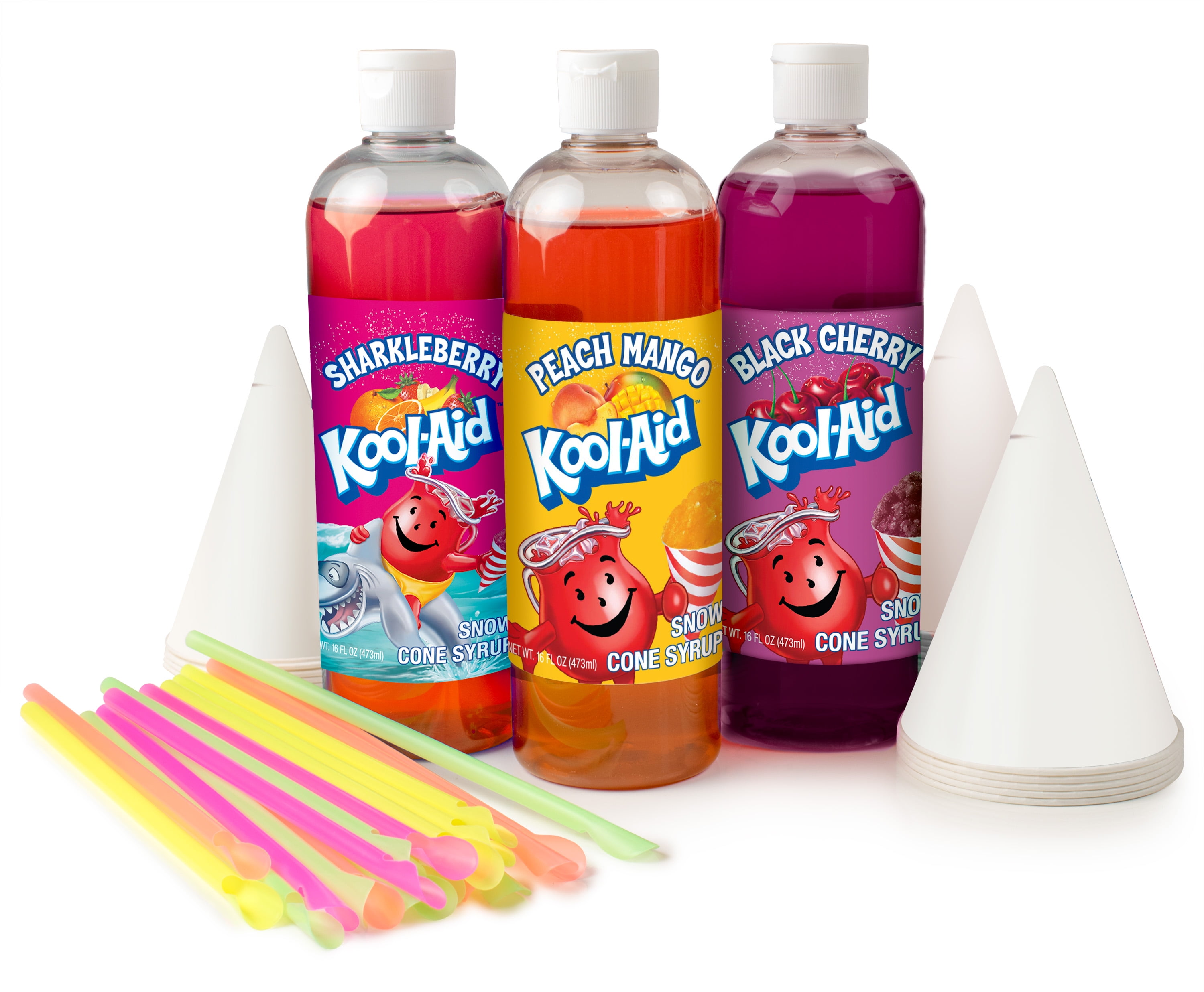 Kool-Aid Snow Cone Syrup Party Kit, 3 Flavors, 20 Cups, 20 Spoon Straws ...