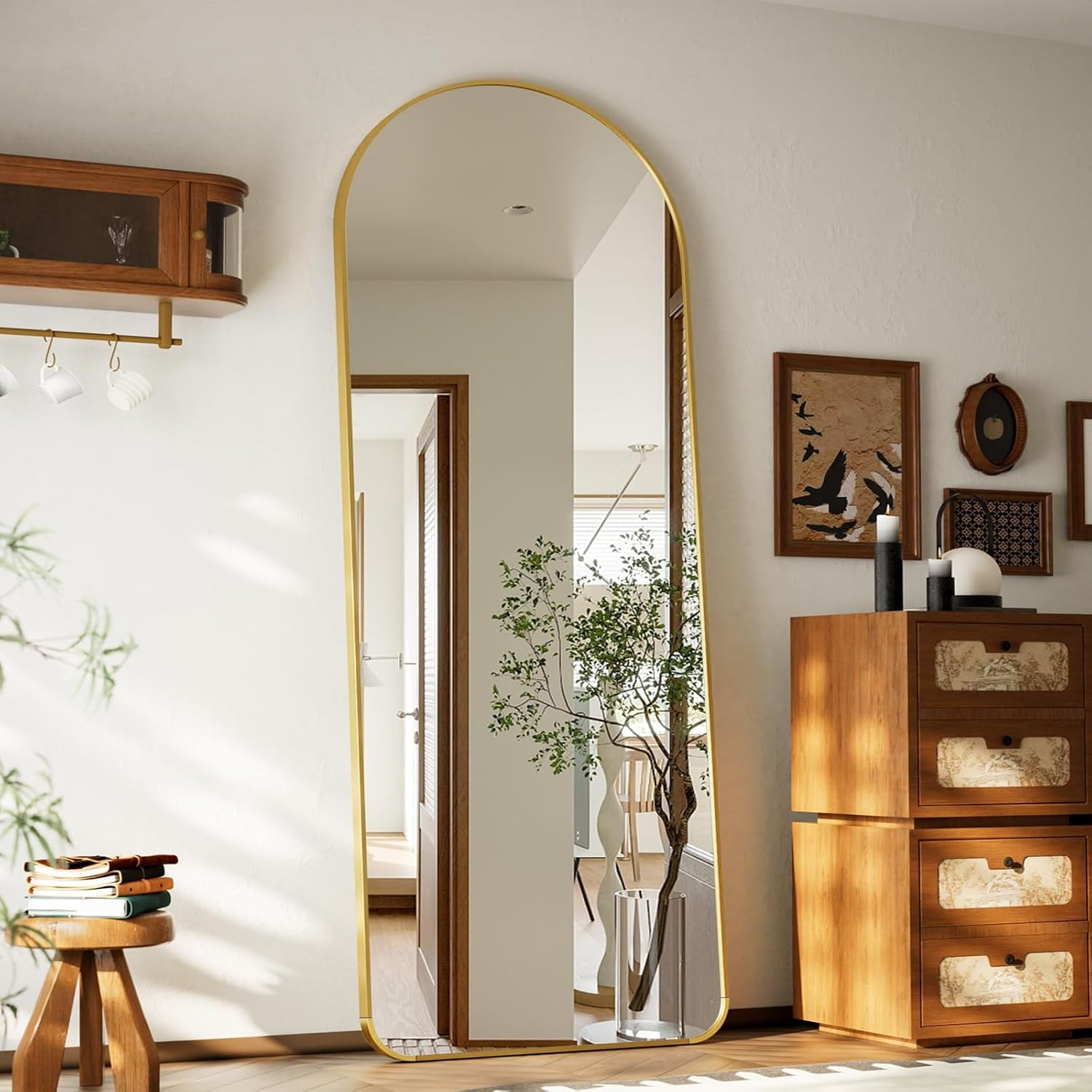 Koonmi Gold 64"x21" Arched Full Length Mirror with Stand, Floor Full ...