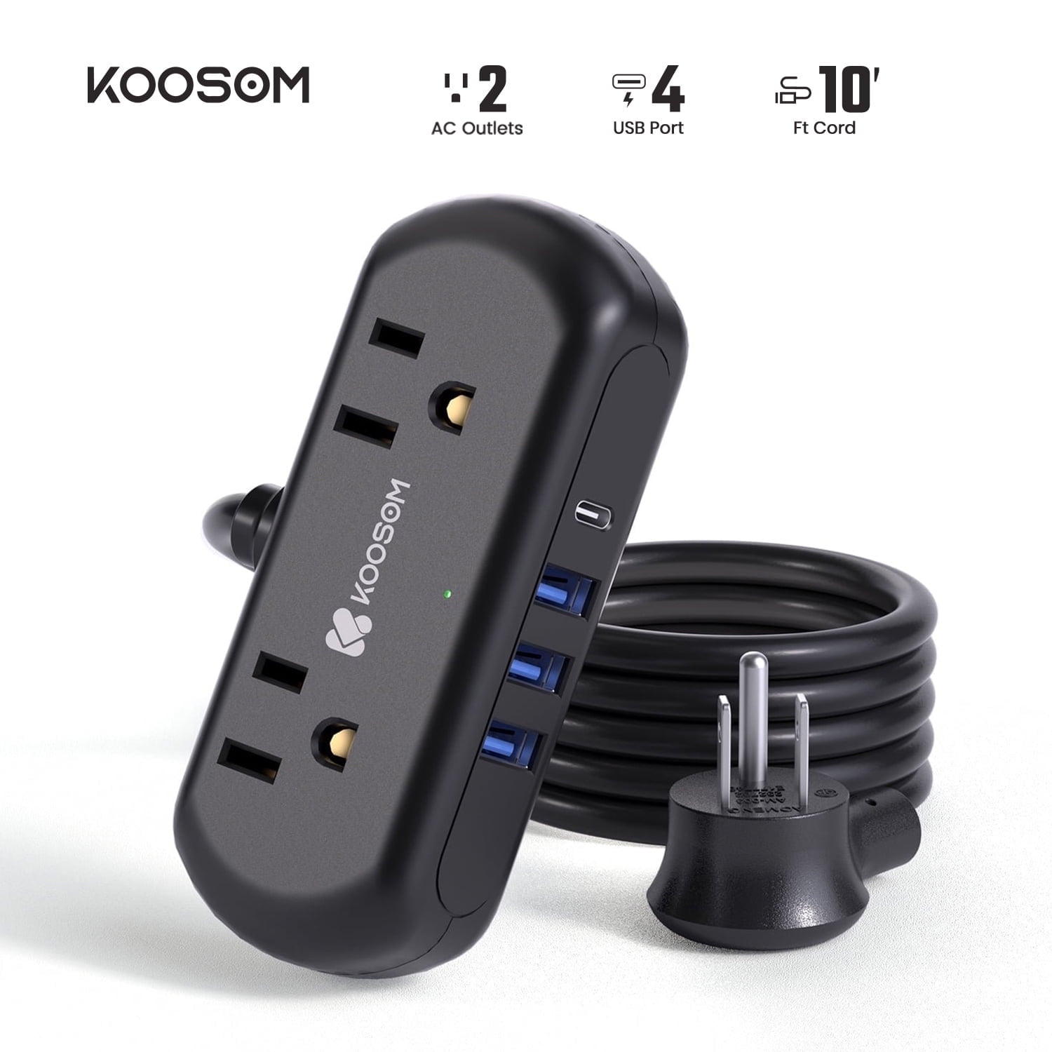 Koosom 10Ft Extension Cord, Mini Surge Protector with 2 Wide-Spaced ...