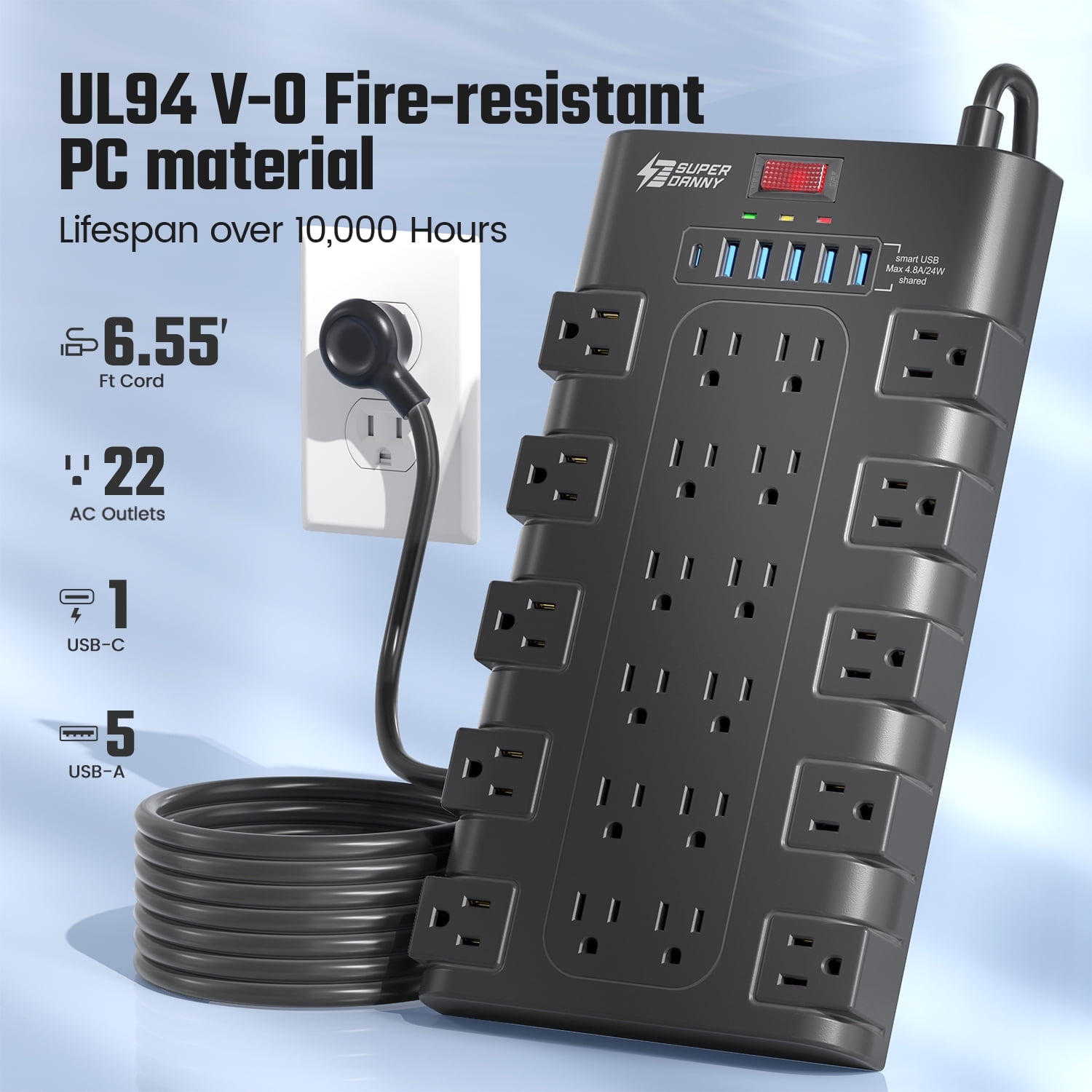 Koosom 22 Outlet Power Strip Surge Protector, 6 USB Charging Station with 6.55ft Extension Cord ...