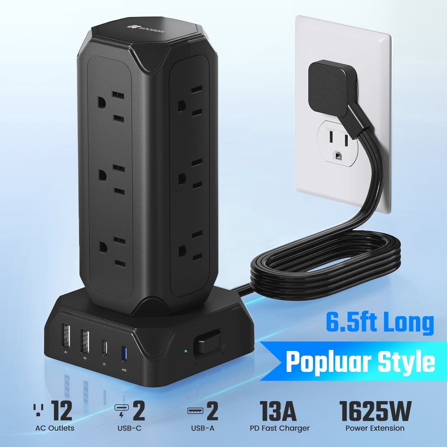 Koosom 35W Surge Protector Strip Tower, 12 AC Outlet Surge Protector, 4 ...