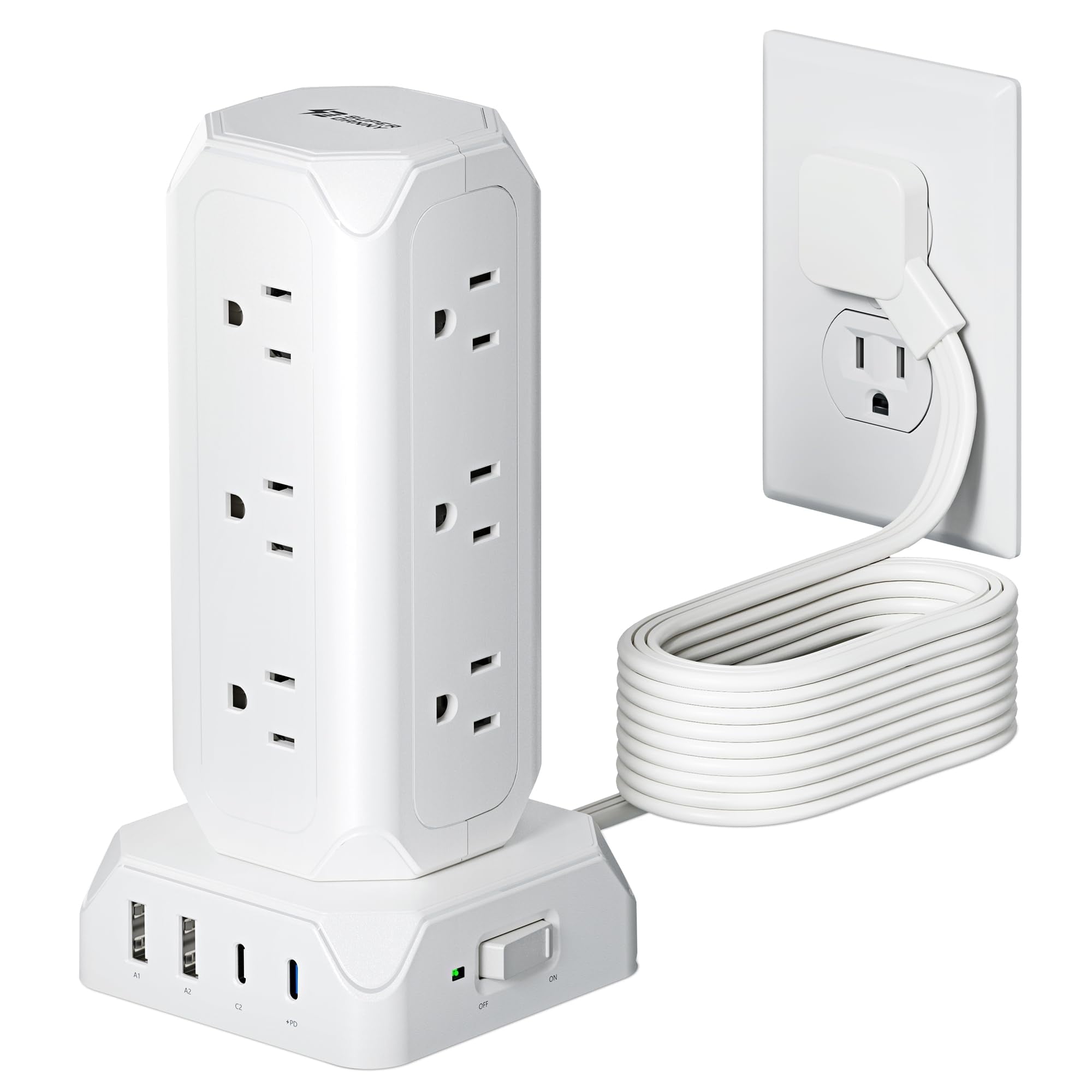 Koosom 35W Power Strip Tower,15FT Long Extension Cord,16-Outlet USB C ...