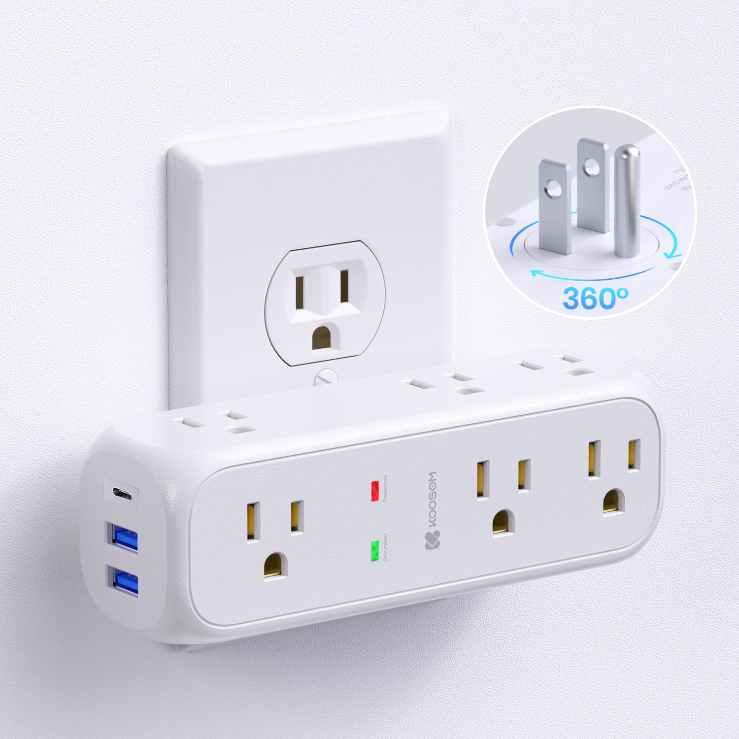 Koosom Multi Plug Outlet Extender,9 AC Outlets, 360° Rotating Plug ...