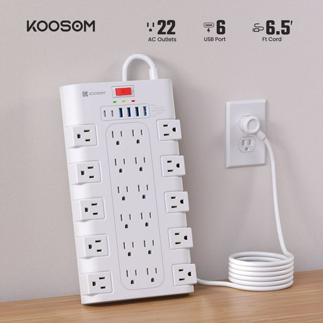 Koosom 28 Outlet Surge Protector Kit with 6.5ft Extension Cord, New, 1 Count, 1 Pack,White ...