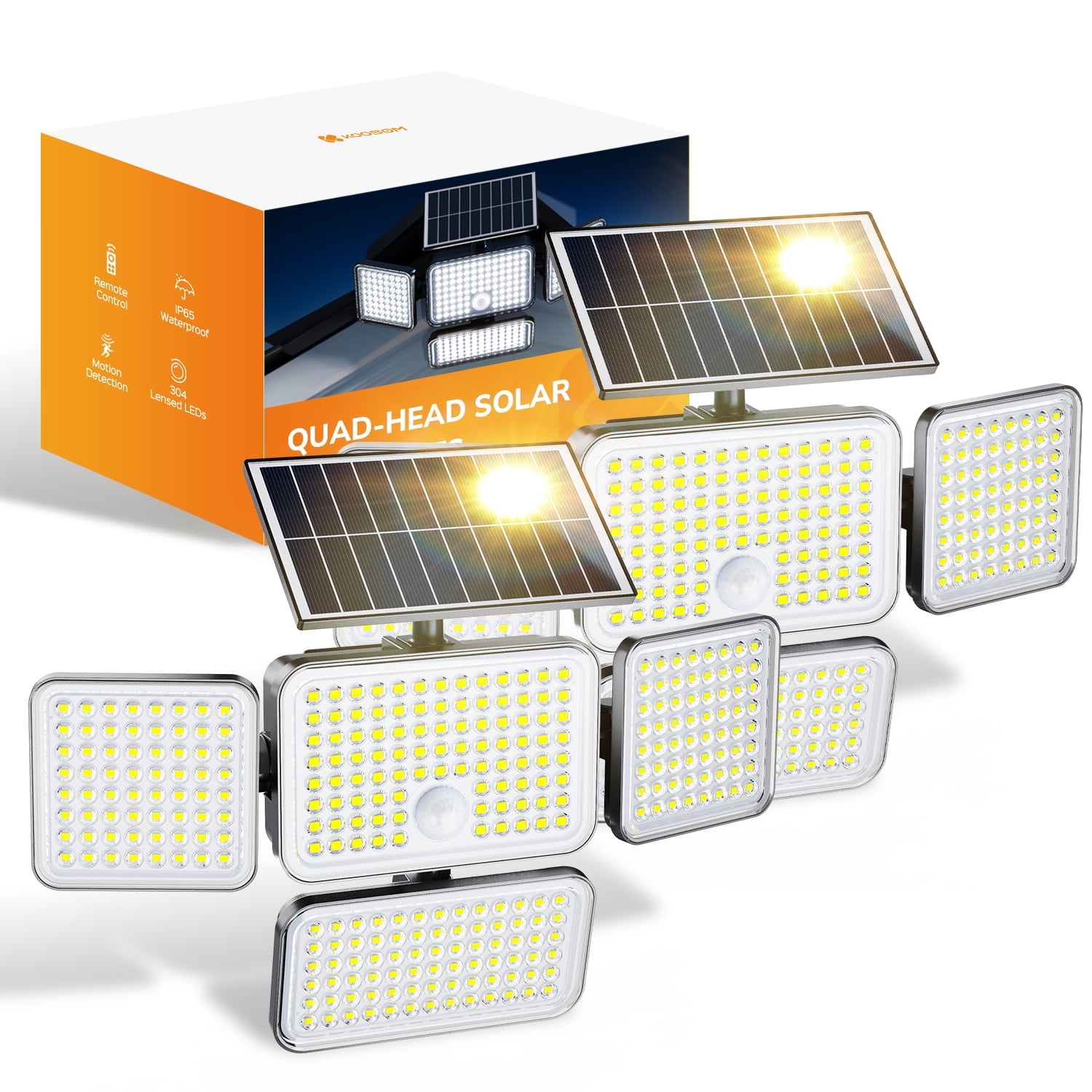 Koosom Solar Outdoor Lights, 2 Pack Motion Sensor 304LED 4 Head Lights ...