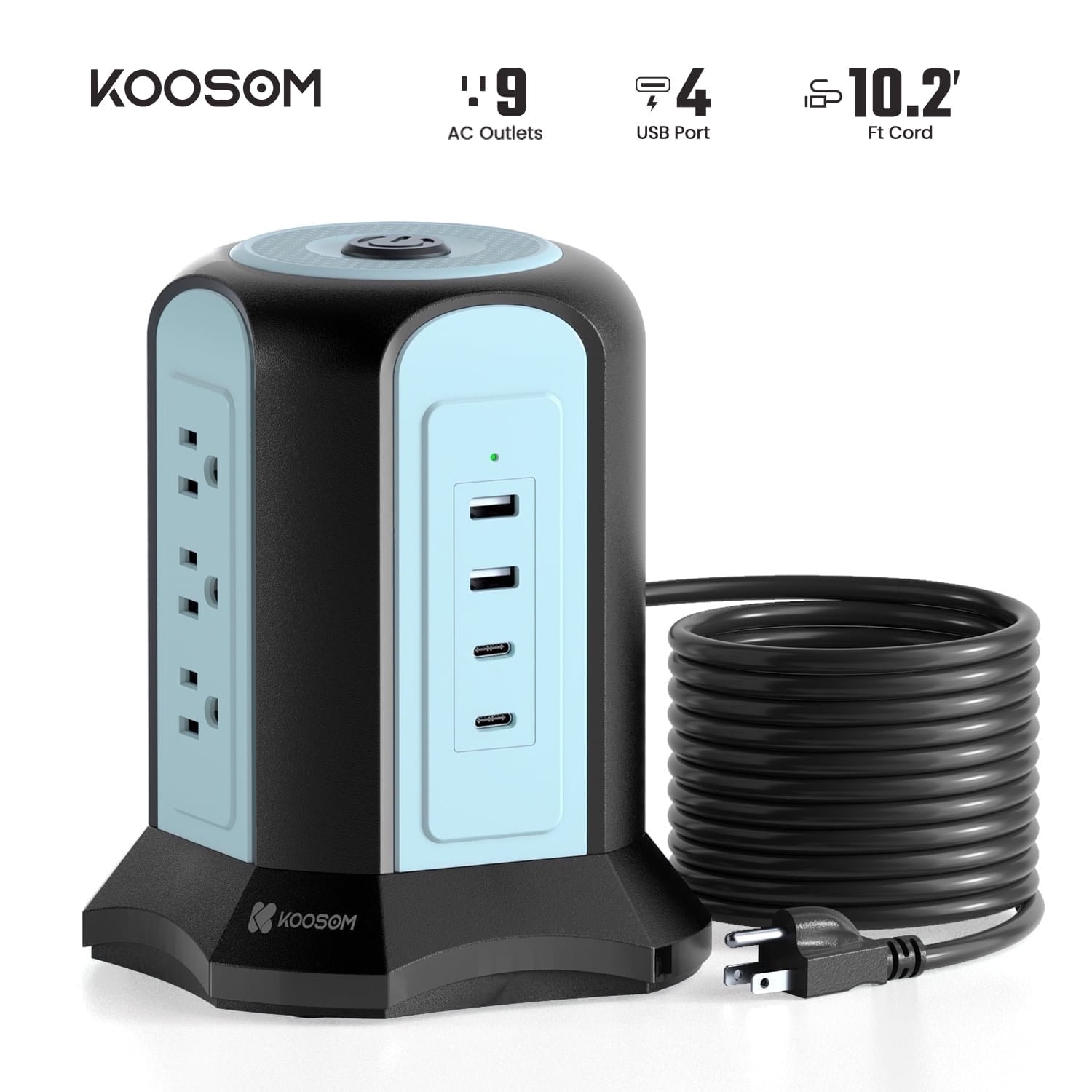Koosom USB Tower,Power Strip Tower with 10.2 Ft Extension Cord, 9 ...