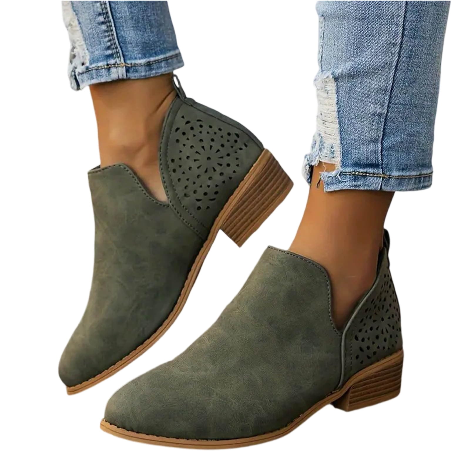 Kopltyrfg Ankle Booties for Women Low Heel V Cut Out Slip On Short ...