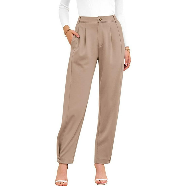 Kopltyrfg Cropped Pants for Women High Waisted Business Causal Pleated Elastic Waist Cuffed Hem Work Trousers Fall Dress Pants Khaki S