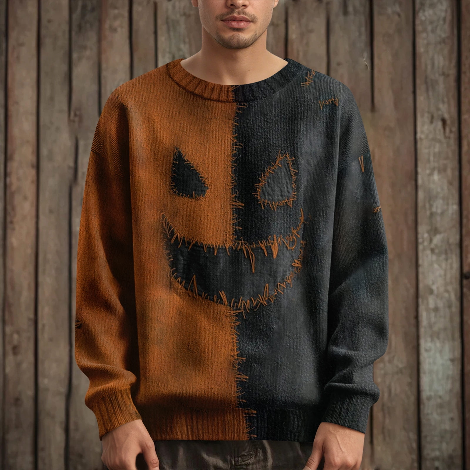 Kopltyrfg Mens Halloween Sweaters Long Sleeves Crew Neck Stitched Print ...