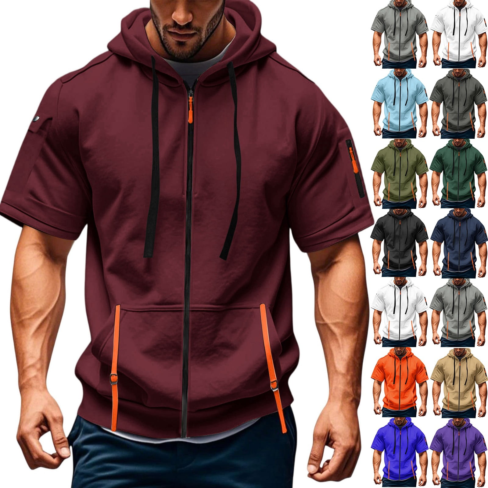 Kopltyrfg Short Sleeve Hoodies for Men with Hood Drawstrings Zip Up ...