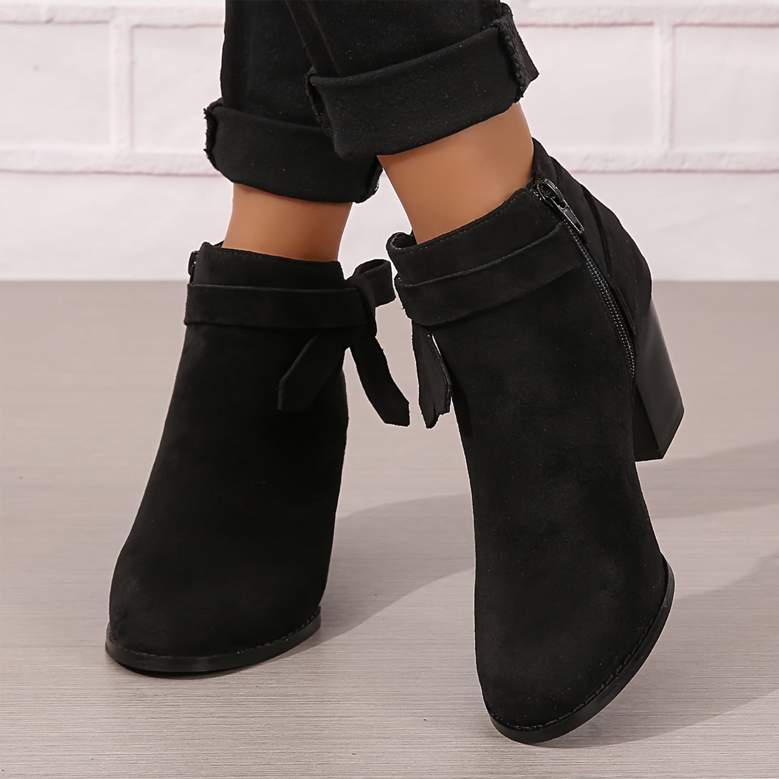 Kopltyrfg Women Chelsea Ankle Boots Bow Knot Chunky Block Heel Round ...