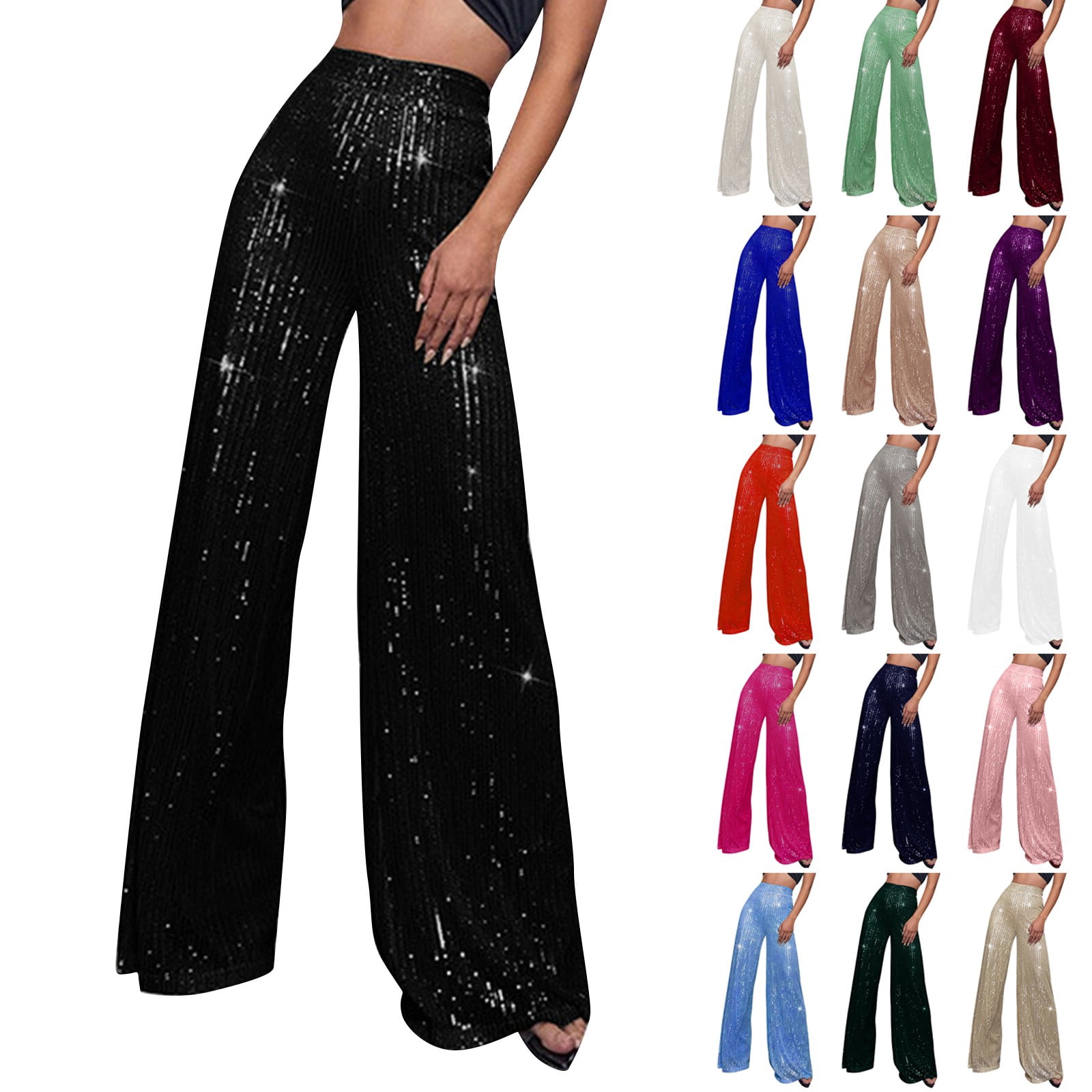 Kopltyrfg Women Sequin Pants Wide Leg Sparkly Glitter Elastic Waisted ...