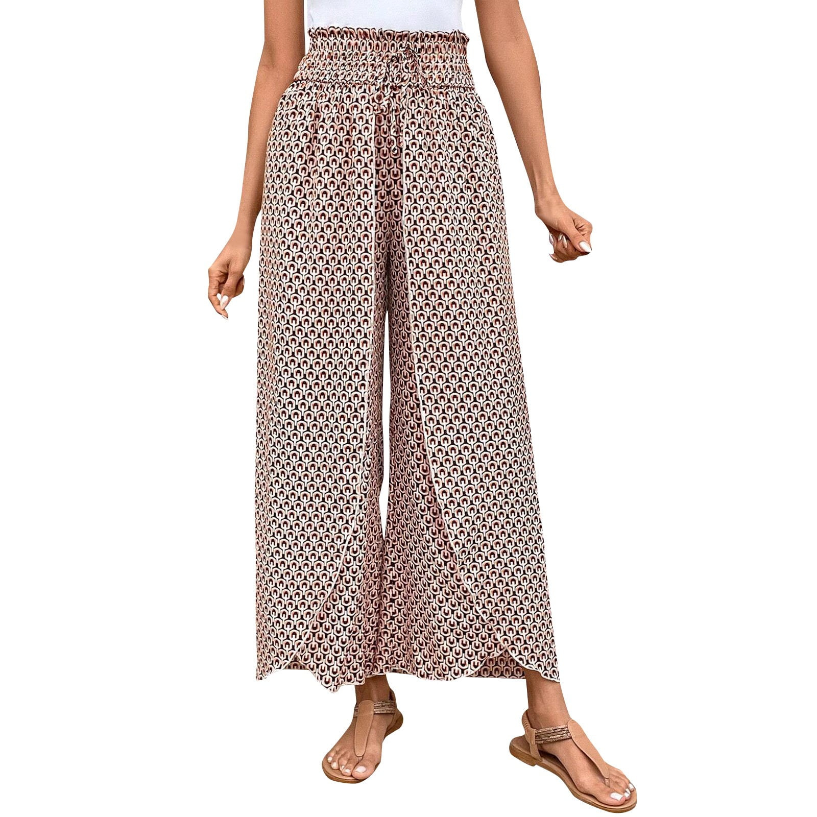 Kopltyrfg Women's Plus Size Tropical Print Wide Leg Split Hem Tie Front ...