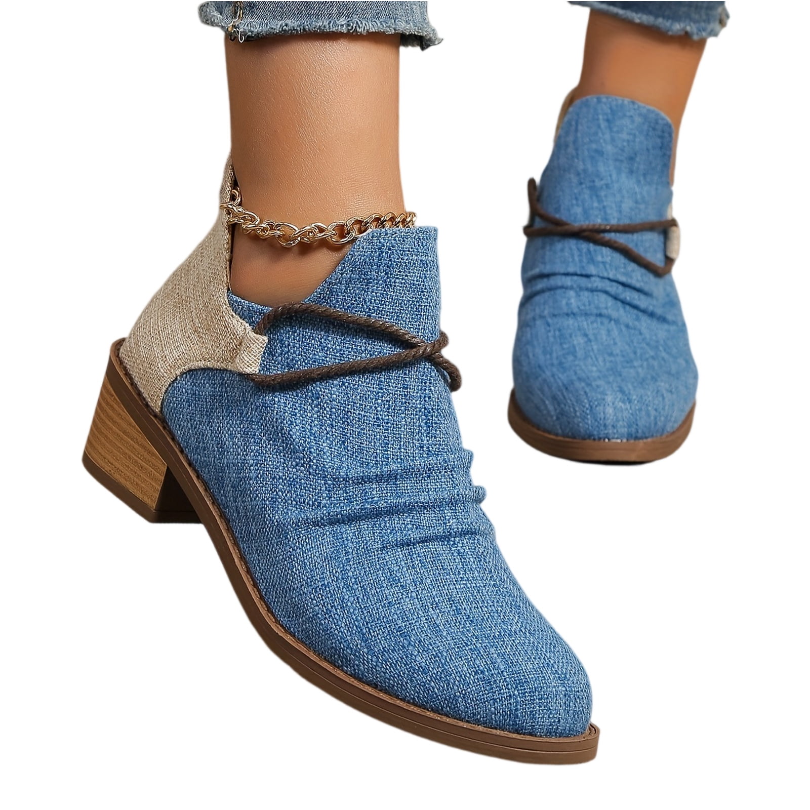 Kopltyrfg Womens V Cutout Canvas Ankle Boots Retro Pointed Toe Chunky ...