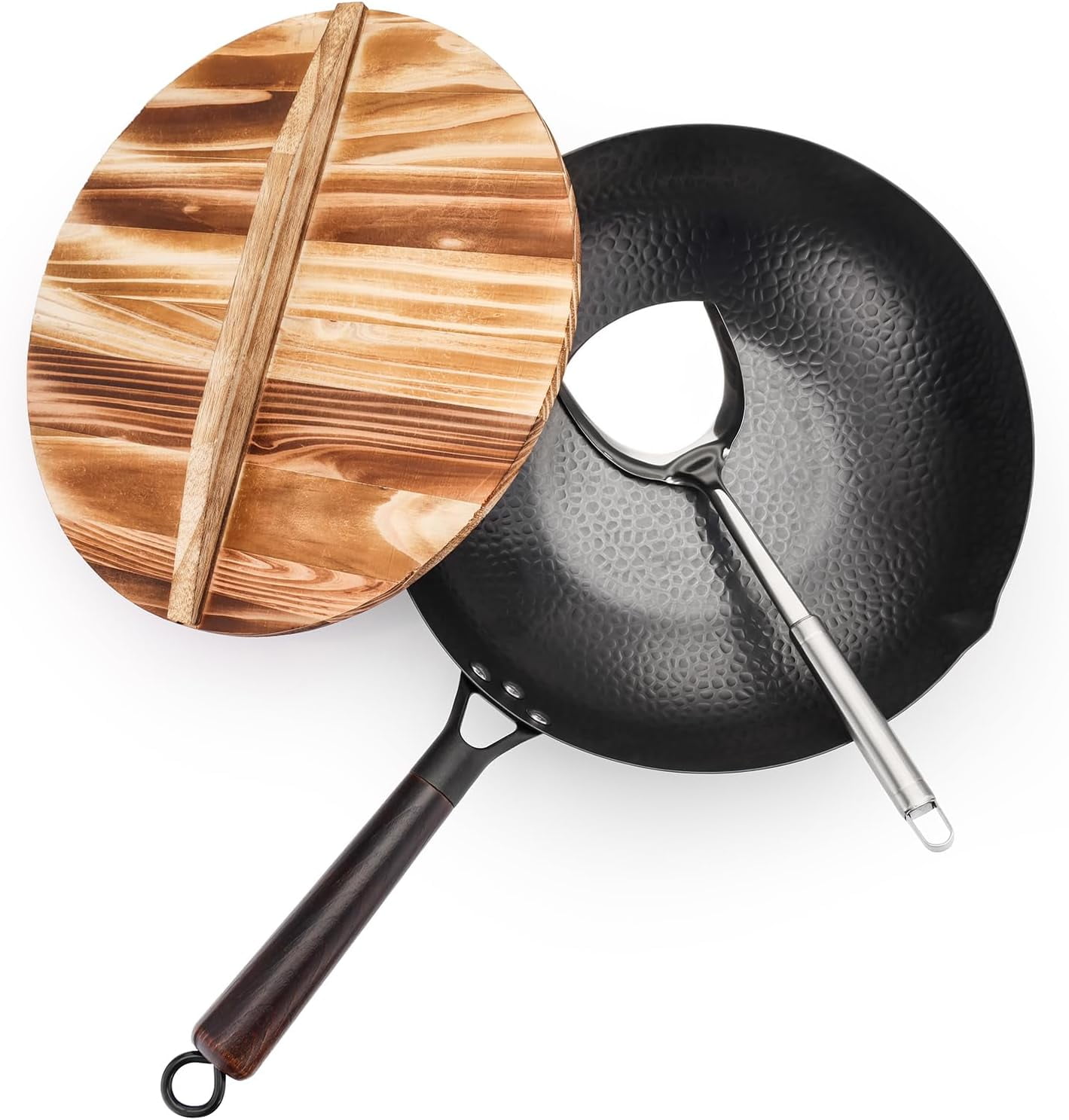Kordisen Carbon Steel Wok Pan with Lid, 12.6inch Flat Bottom Wok for ...