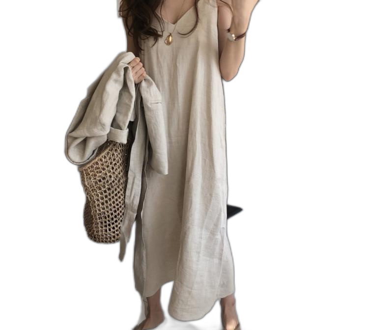 Korean Chic Style Halter Cotton Linen Solid Color Design Loose Dress ...