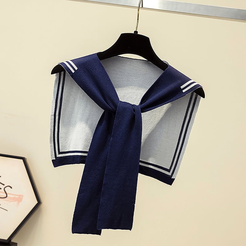 Korean College Navy Stripe Wool Knit Shoulder Cape Knotted Warm Shawl ...