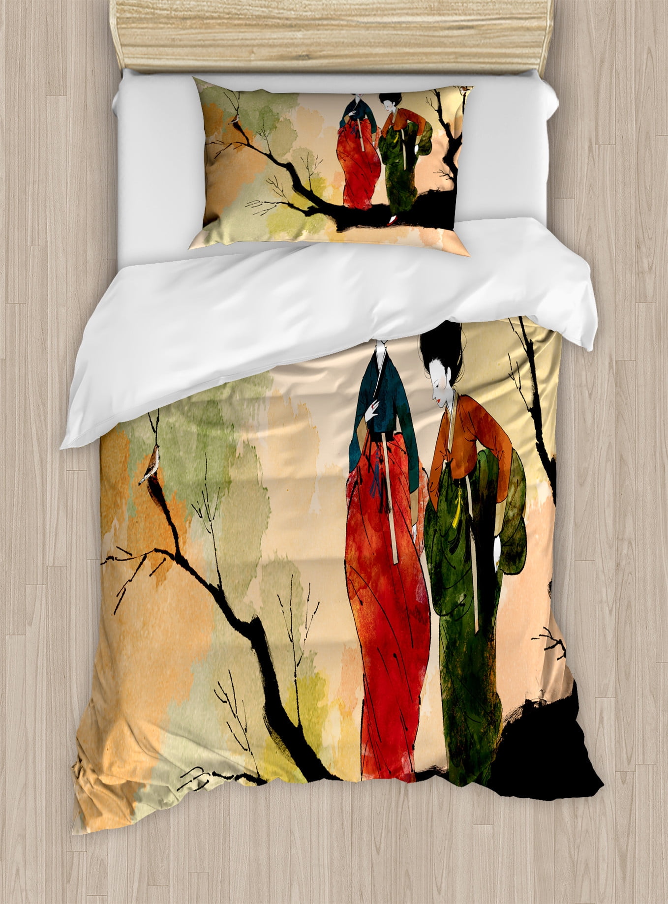 Korean Duvet Cover Set, Women in Traditional Clothes Standing on a Tree ...