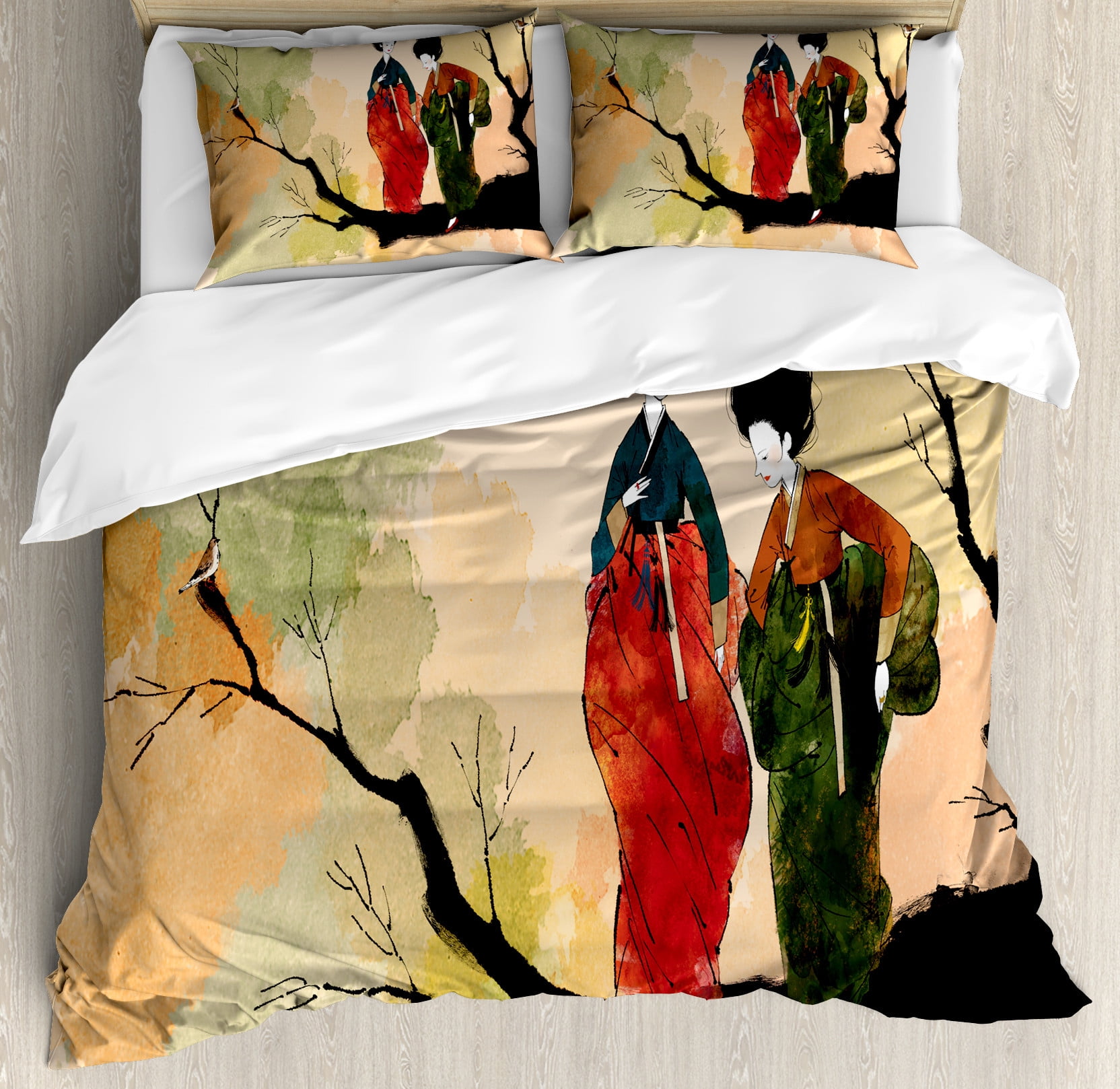 Korean Duvet Cover Set, Women in Traditional Clothes Standing on a Tree Branch Watercolor Style ...