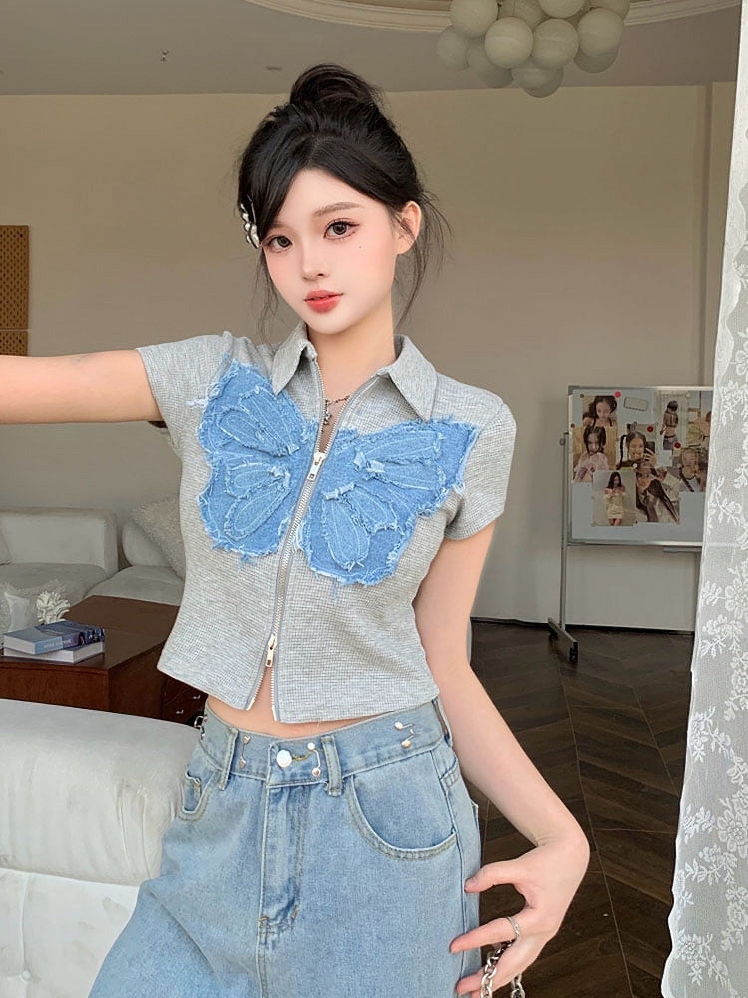 Korean Fashion Crop Top Slim Gyaru Turn-Down Collar Chic Tees Bufferfly ...