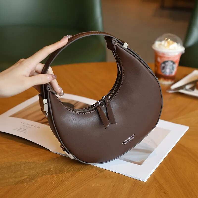 Korean Small-Batch Genuine Leather Moon Crescent Crossbody Bag for Women - Semi-Circular ...