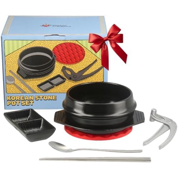 Korean Stone Pot Set (7-piece, 38.7oz with Hot Pot Grip), Ttukbaegi ...