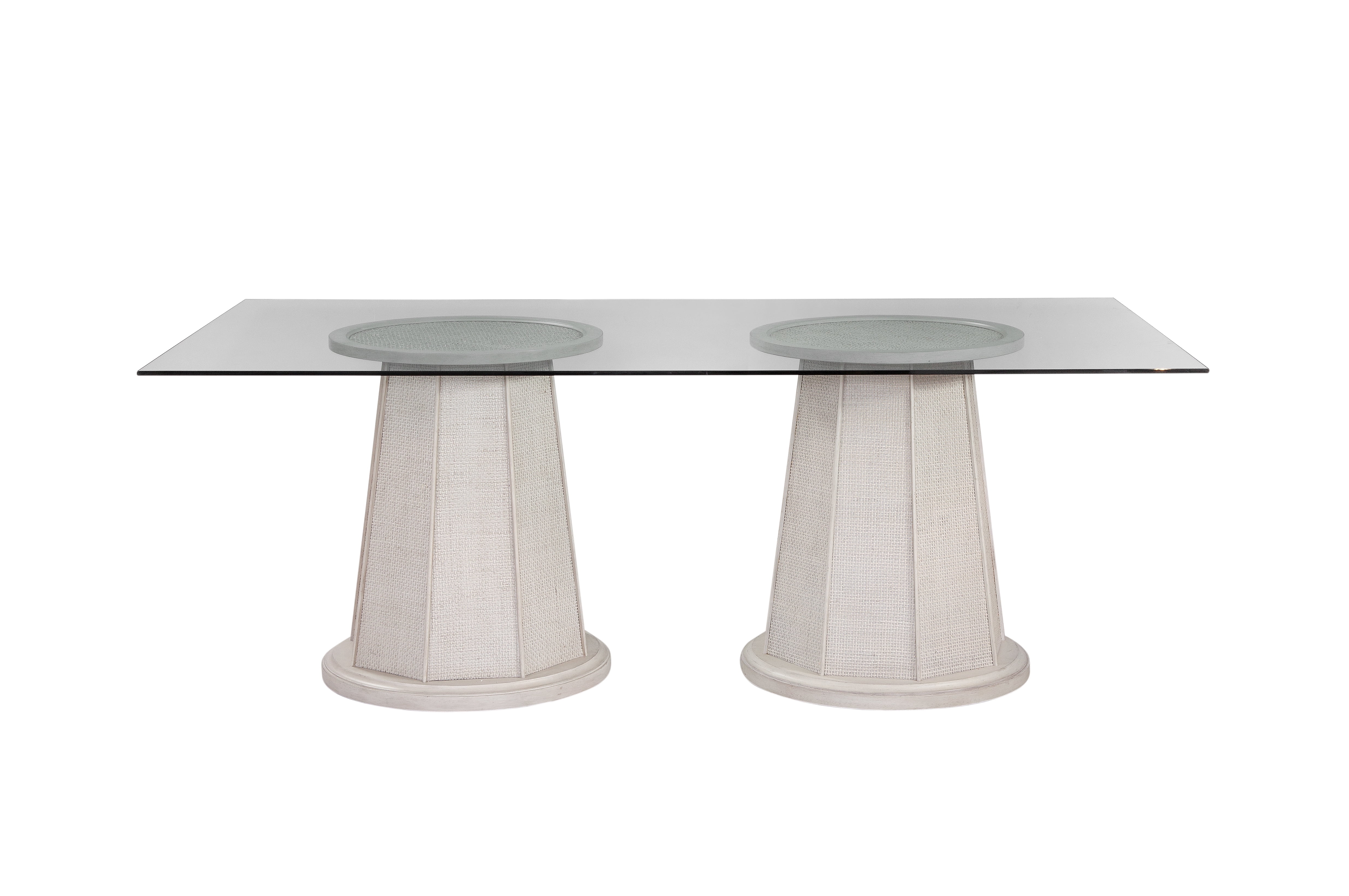 Korey Dining Table in Cream Wood with Cane Detailing and Glass Top ...