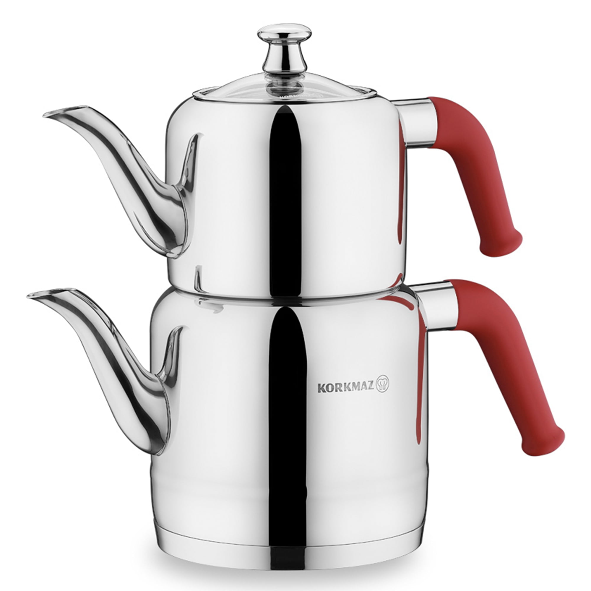 Korkmaz Riva Red Stainless Steel Double Tea Pot Set, Turkish Polished ...