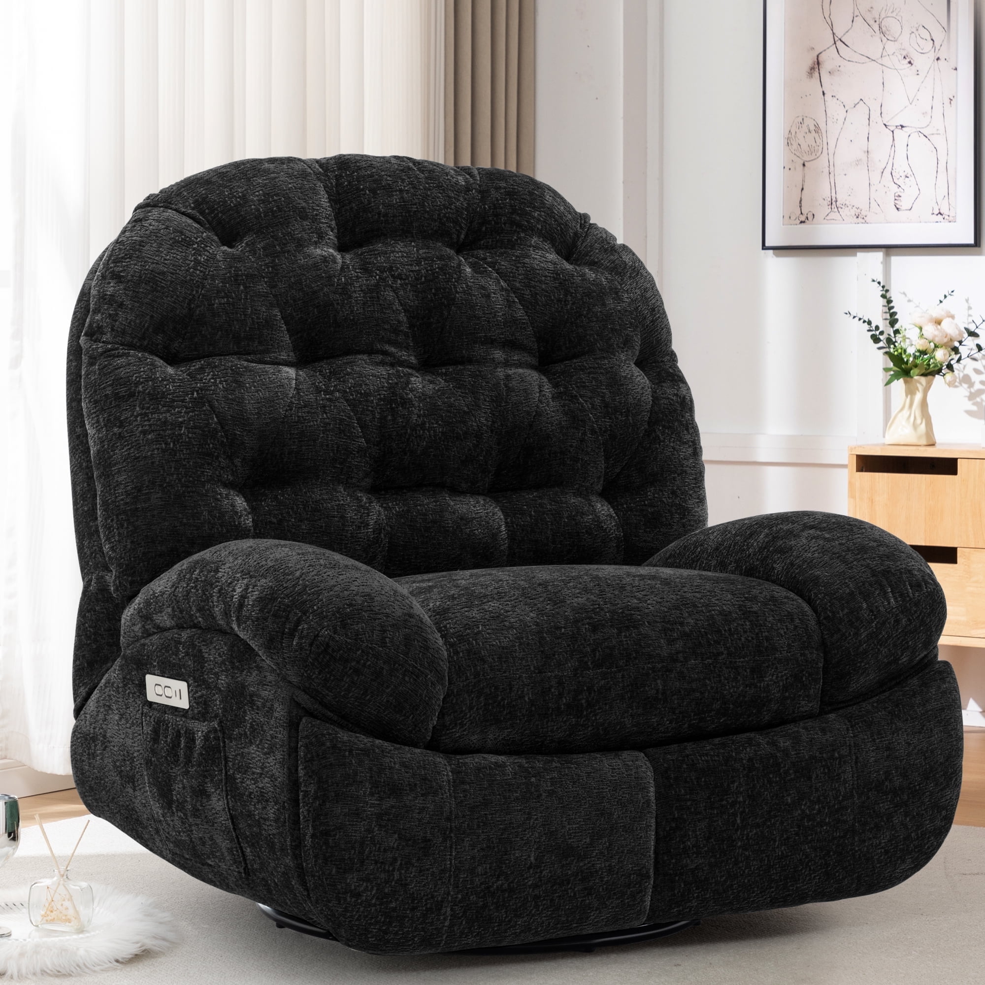 KORSER Power Swivel Rocker Recliner Chair with USB Ports Chenille Black ...