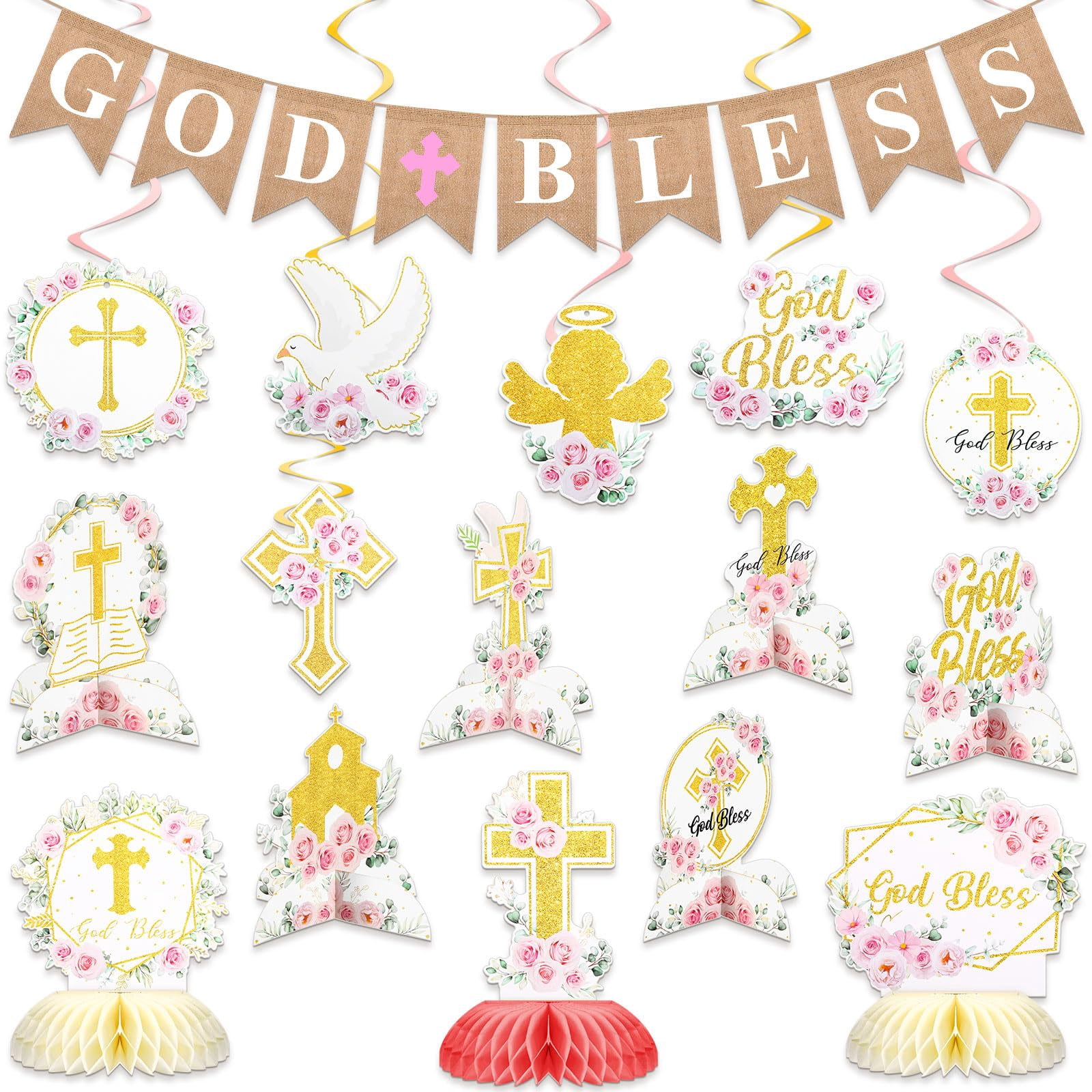 Kosiz 16 PcsTRDN Pink Floral God Bless Baptism First Communion ...