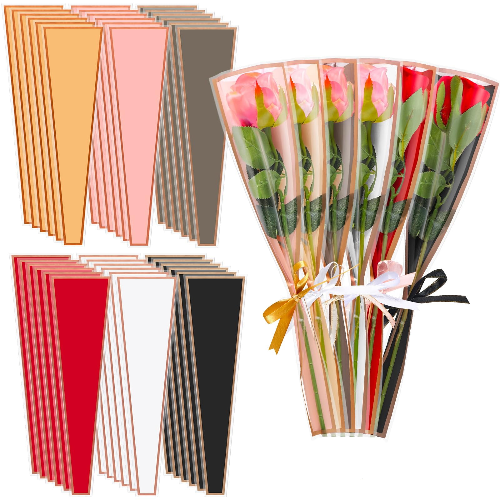 Kosiz 300 Pcs Single Rose Sleeve 6 Colors Plastic Packaging Flower ...