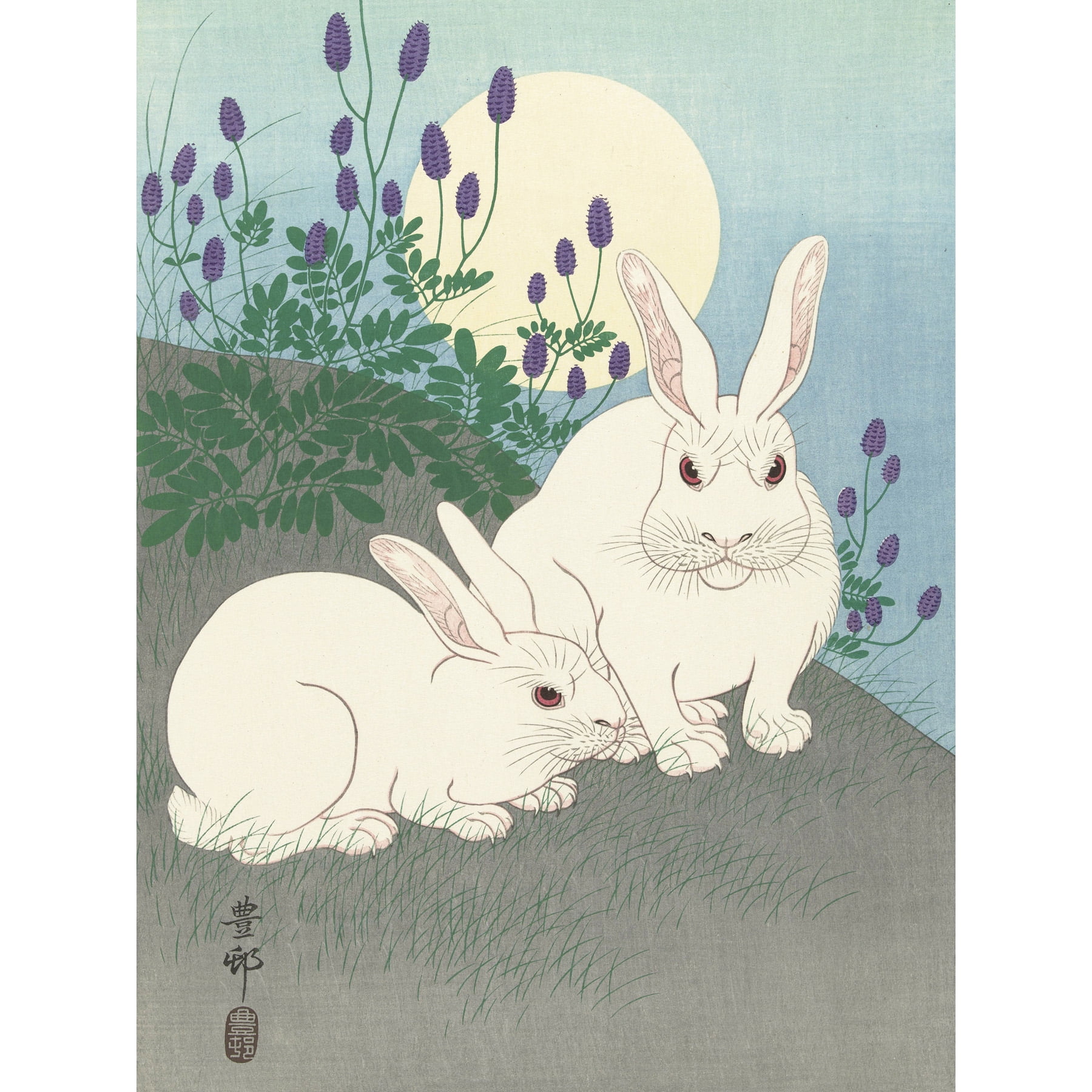 Koson Ohara Rabbits Full Moon Japanese Woodcut Extra Large XL Wall Art ...
