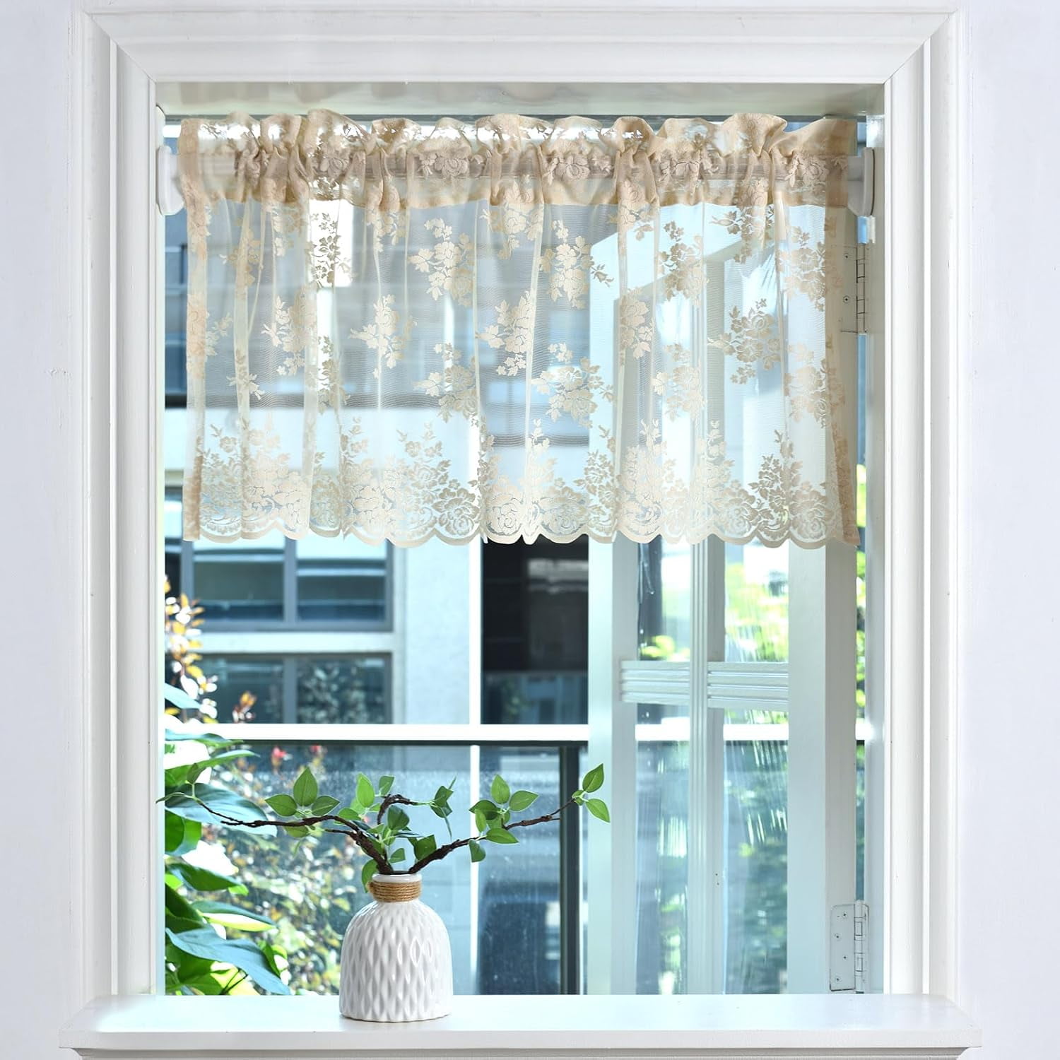 Kotile Pink Sheer Valance for Windows, Country Rustic Floral Short Lace ...