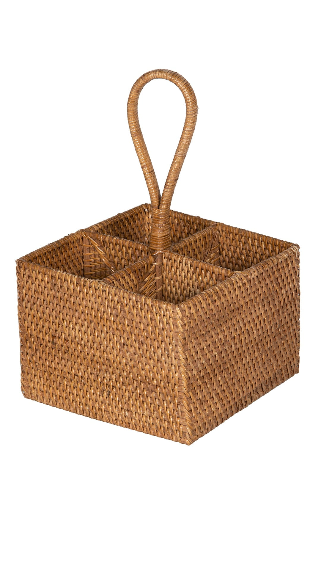 Kouboo Loma Rattan Bottle Caddy With Handle-Boho, 4-Compartment Utensil ...