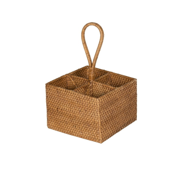 Kouboo Loma Rattan Bottle Caddy With Handle-Boho, 4-Compartment Utensil ...