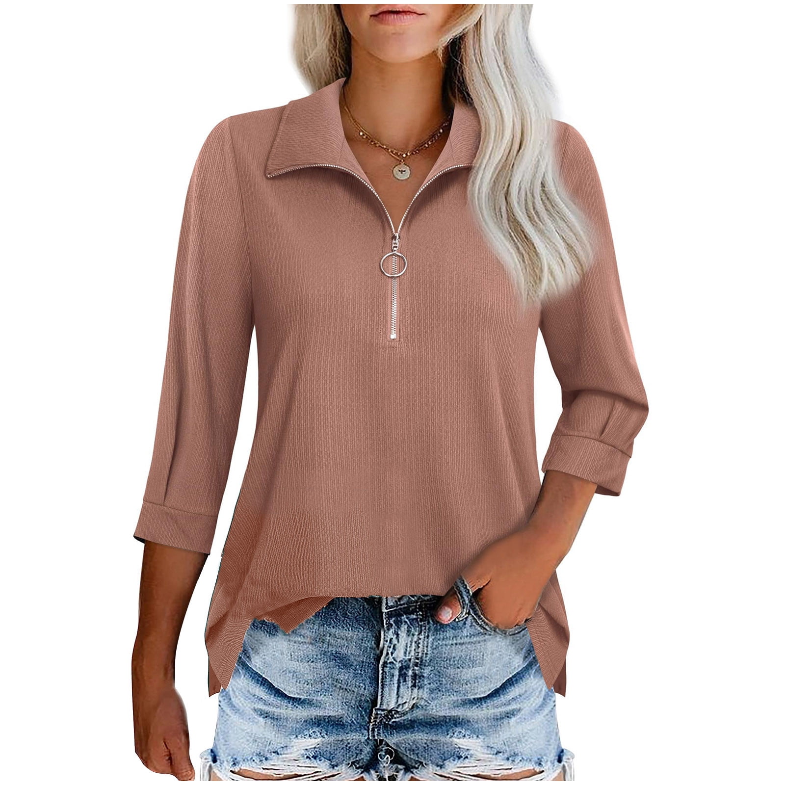 Kovlvoll 3/4 Length Sleeve Womens Tops Half Zipper V Neck Shirts Solid ...