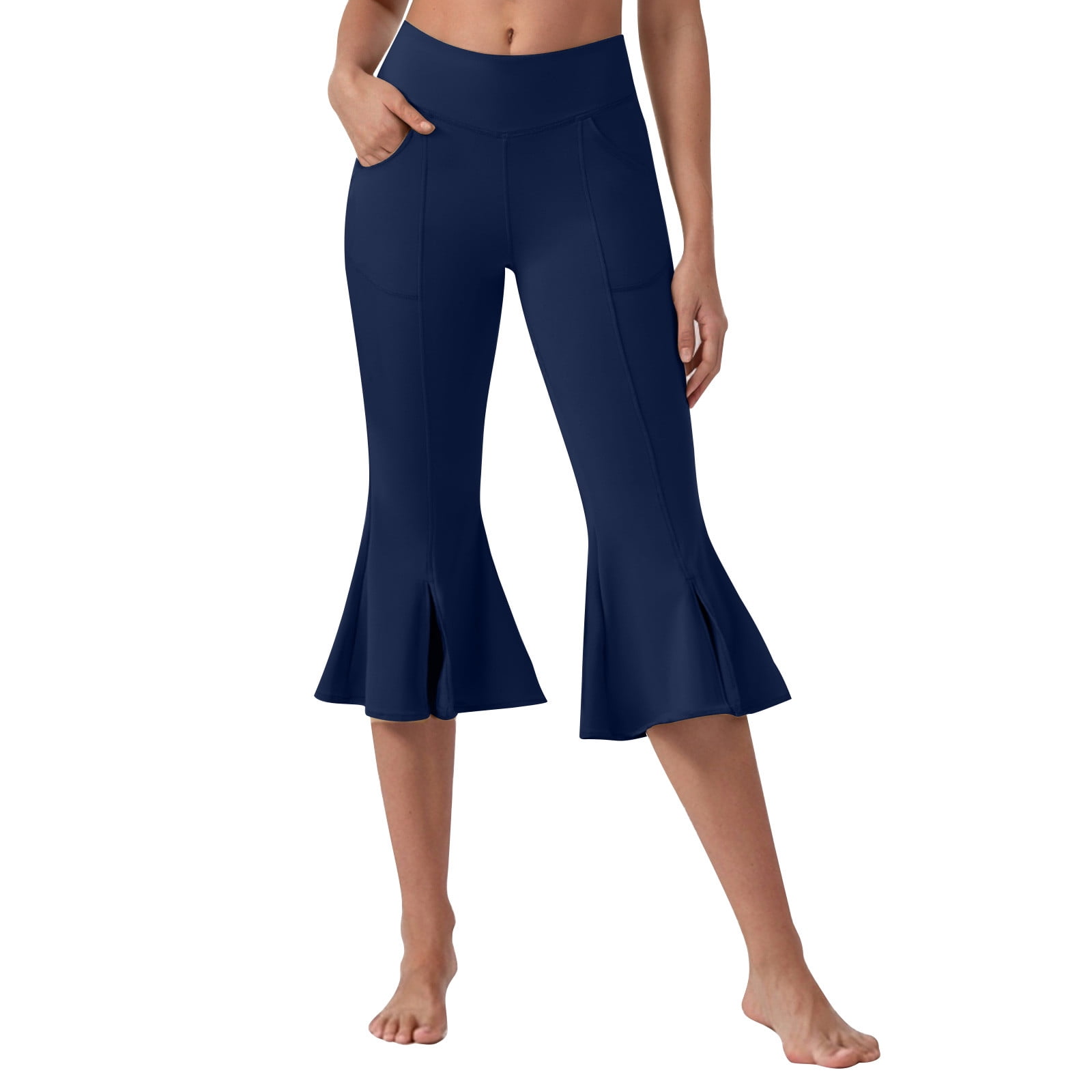 Kovlvoll Capris Pants for Women Bell Bottom Elastic Waisted Solid Color Fashion Pleated Dance ...