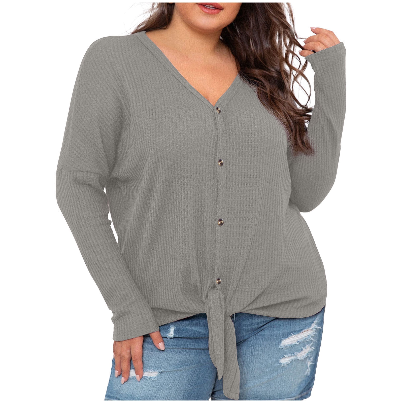 Kovlvoll Women Long Sleeve Tops V Neck Comfort Solid Color Button Shirt ...