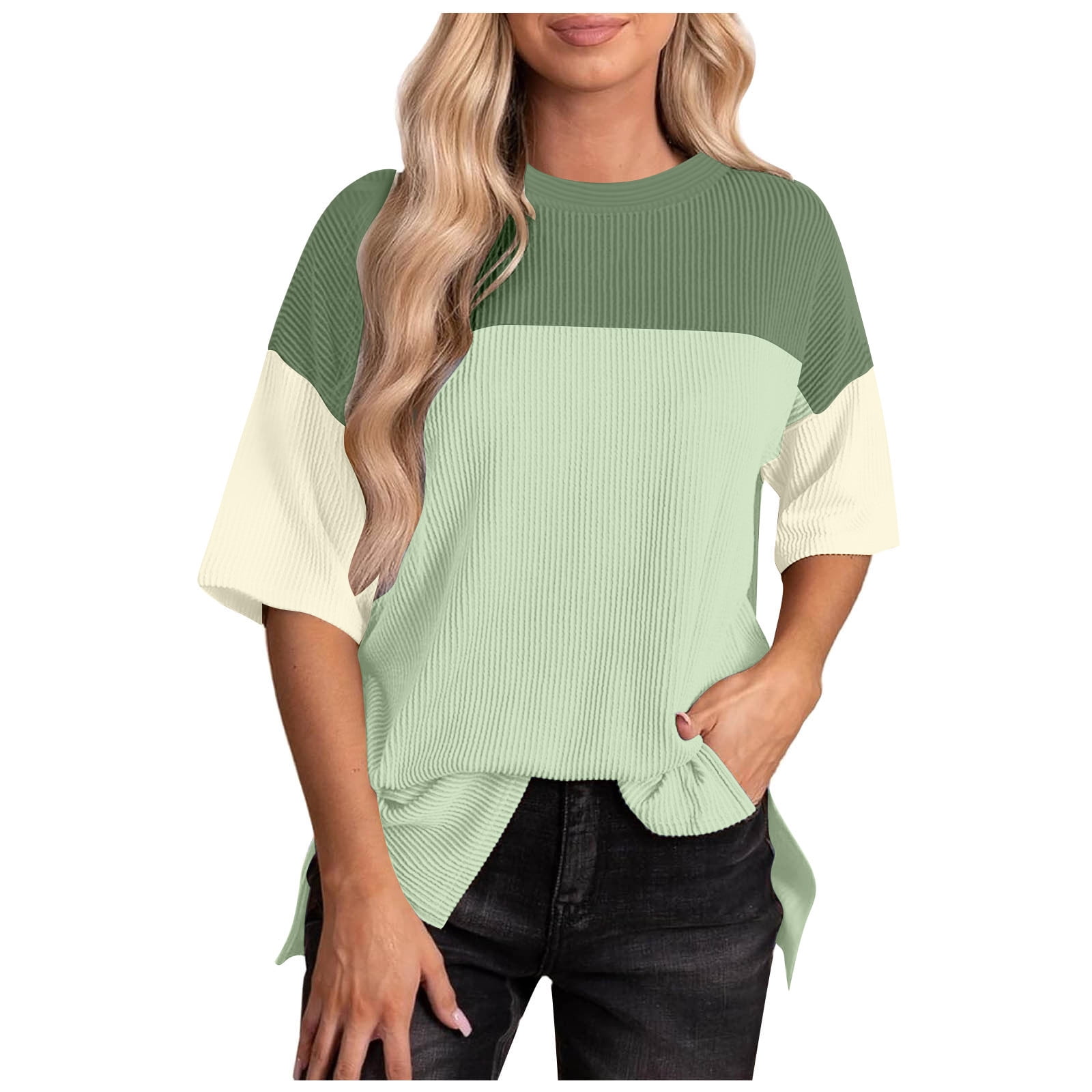Kovlvoll Womens Summer Tops Color Block Crewneck Short Sleeve T-Shirts ...