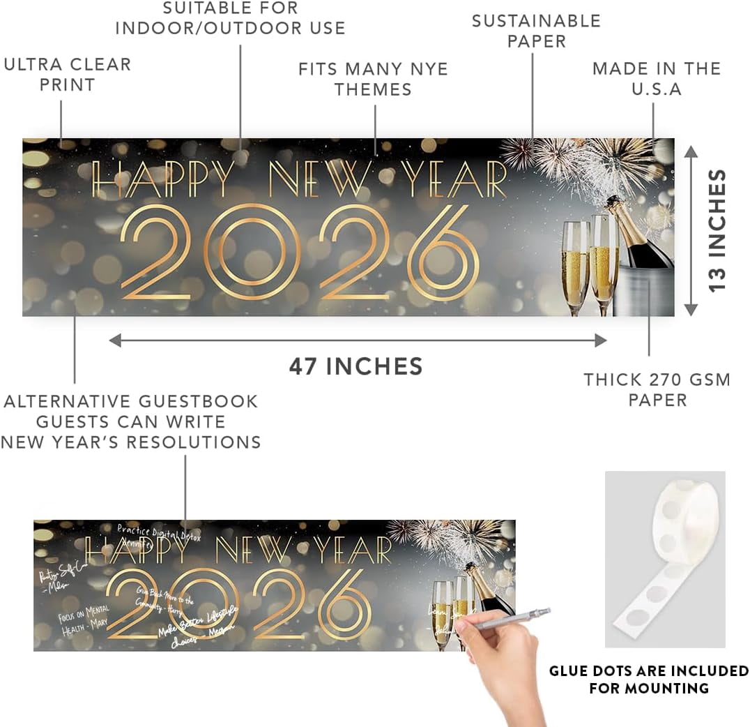 Koyal Wholesale 47x13 Happy New Year Banner Gold Gatsby Art Deco Black ...